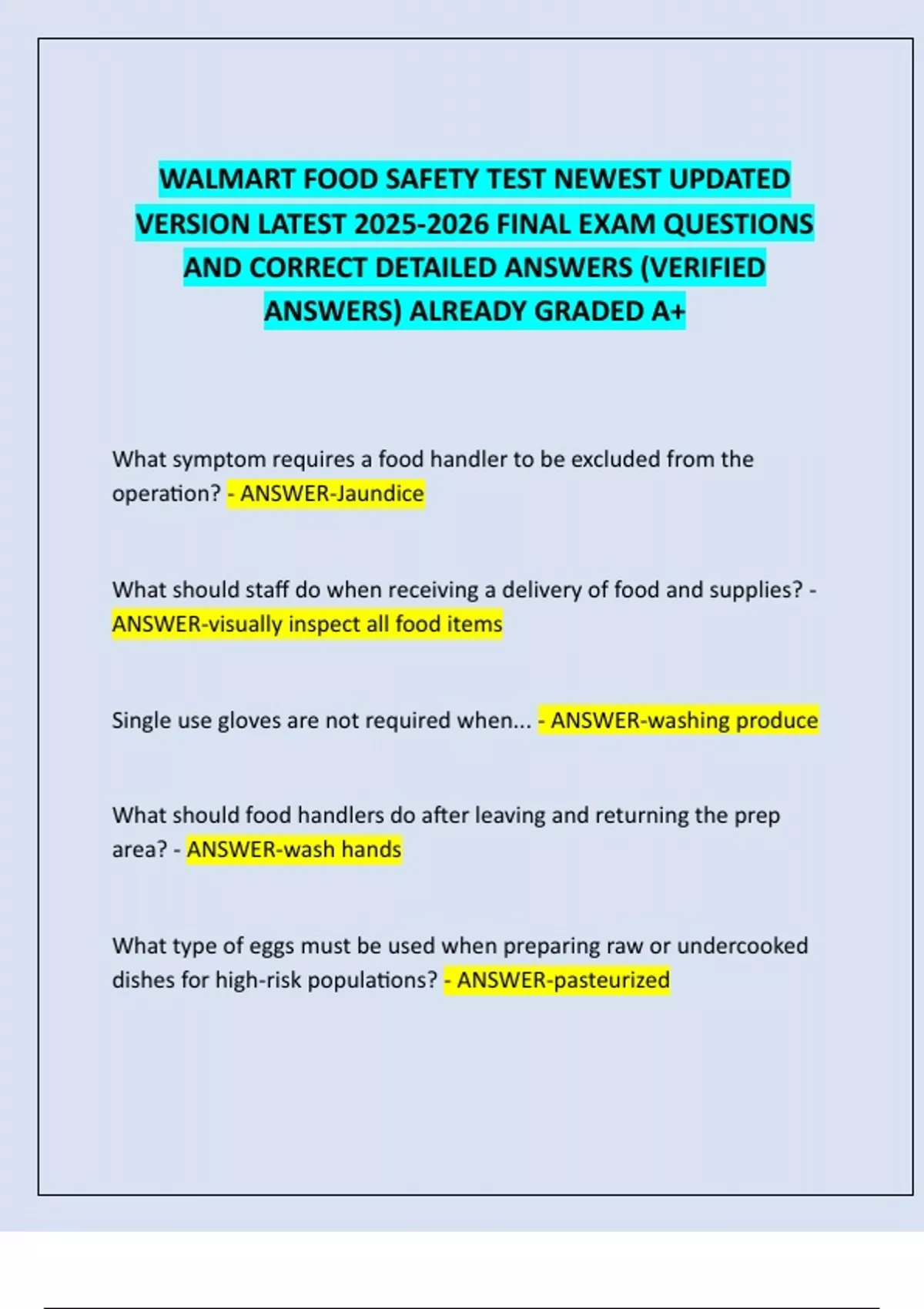 WALMART FOOD SAFETY TEST NEWEST UPDATED VERSION LATEST FINAL EXAM ...