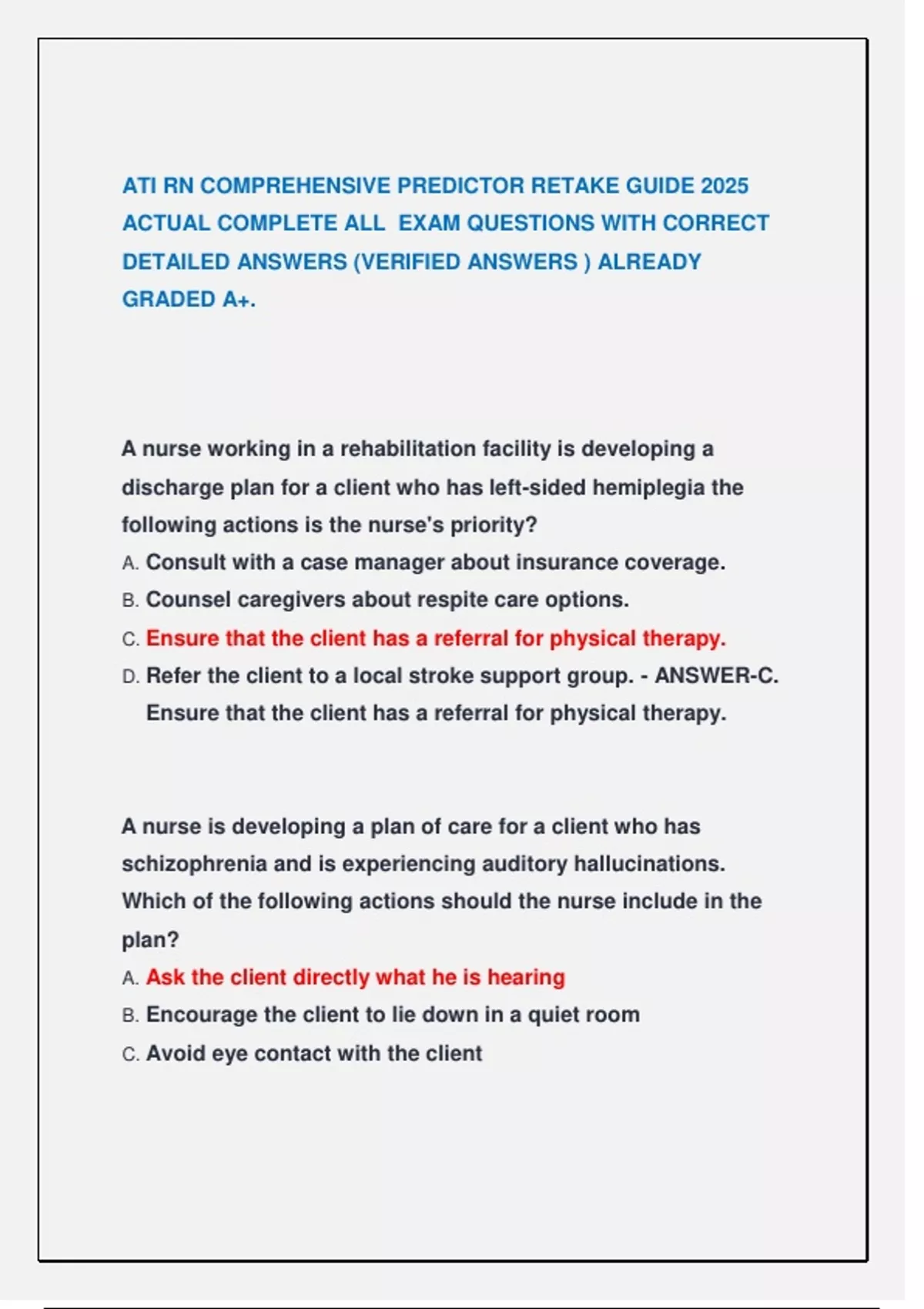 ATI RN COMPREHENSIVE PREDICTOR RETAKE GUIDE 2025 ACTUAL COMPLETE ALL EXAM QUESTIONS WITH CORRECT ...
