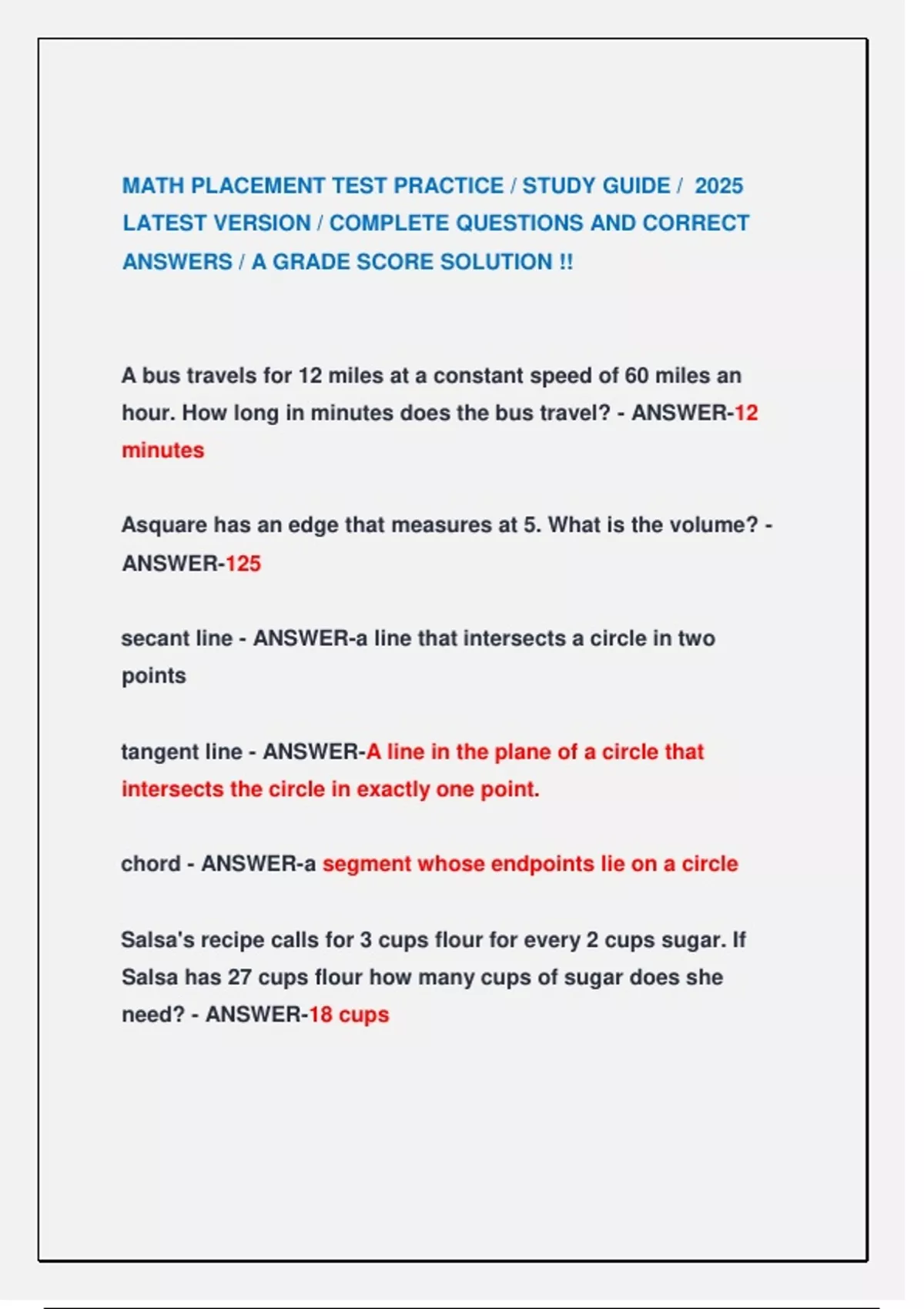 MATH PLACEMENT TEST PRACTICE / STUDY GUIDE / 2025 LATEST VERSION ...