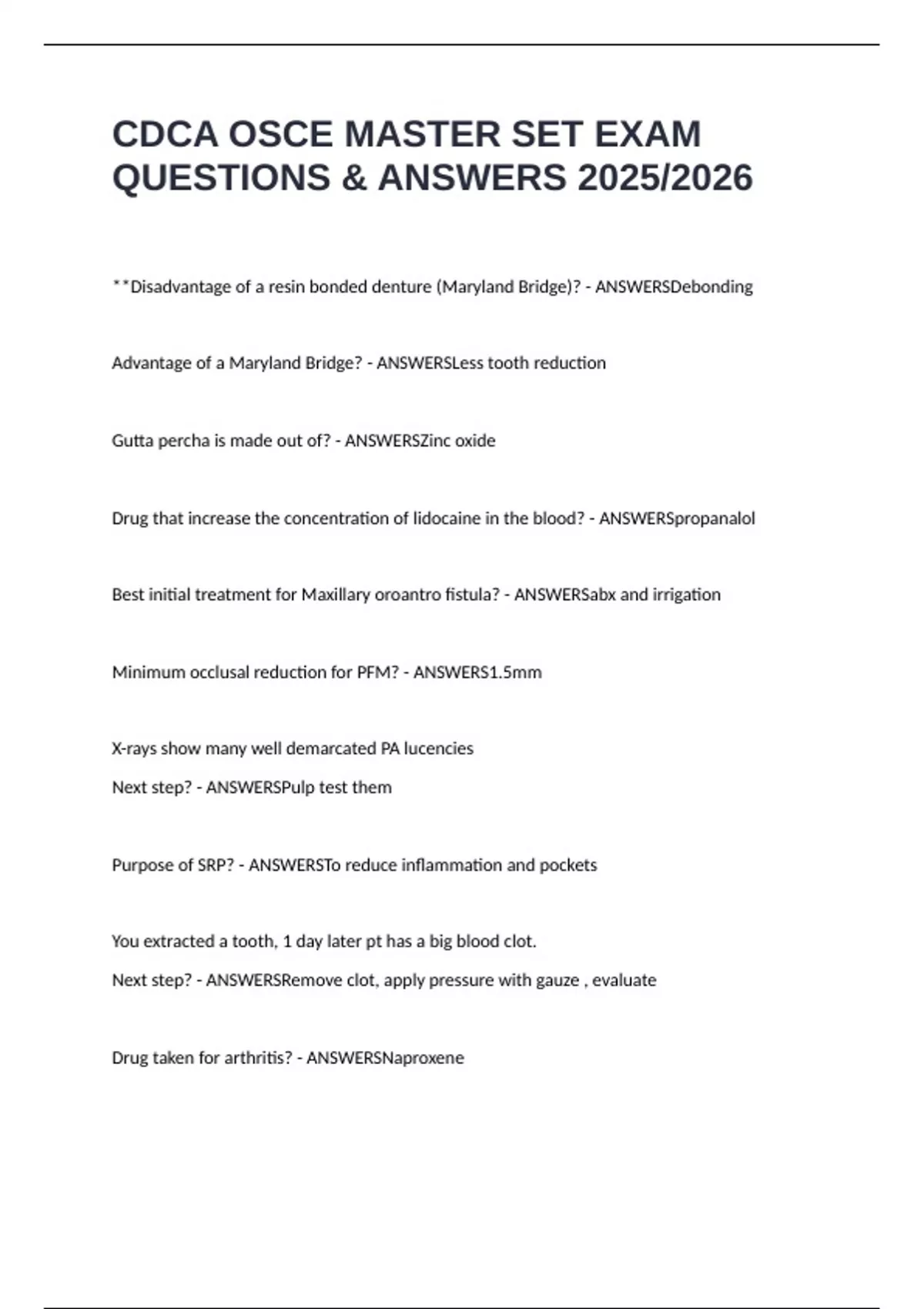 CDCA OSCE MASTER SET EXAM QUESTIONS & ANSWERS 2025/2026 - CDCA OSCE ...