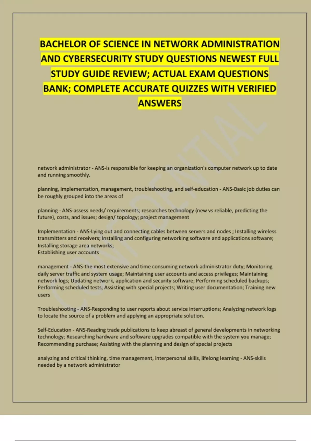 BACHELOR OF SCIENCE IN NETWORK ADMINISTRATION AND CYBERSECURITY STUDY QUESTIONS NEWEST FULL ...