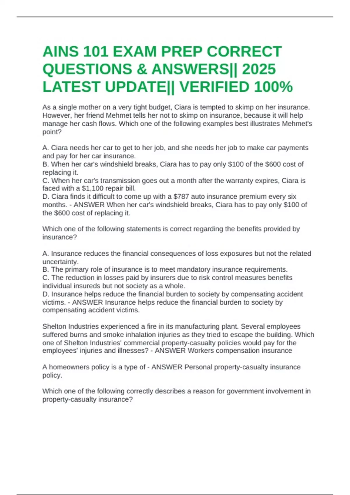AINS 101 EXAM PREP CORRECT QUESTIONS & ANSWERS|| 2025 LATEST UPDATE ...