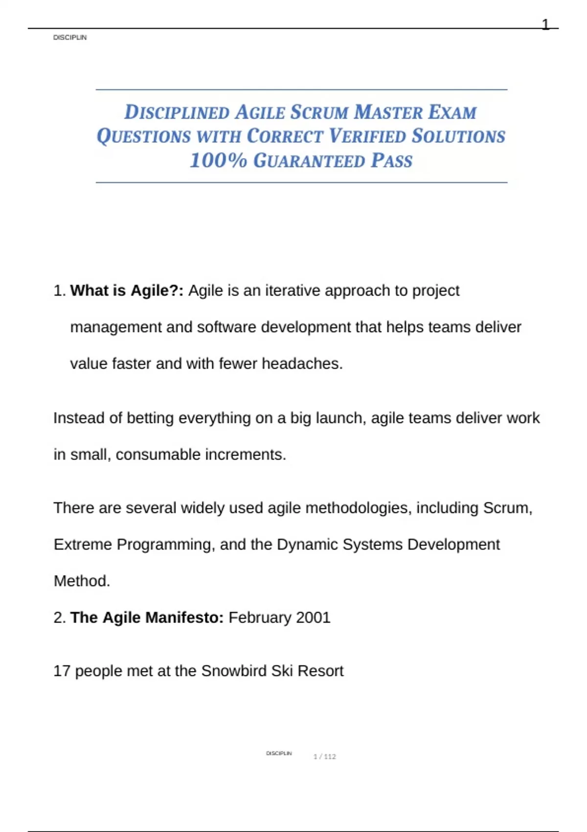 DISCIPLINED AGILE SCRUM MASTER EXAM QUESTIONS WITH CORRECT VERIFIED ...