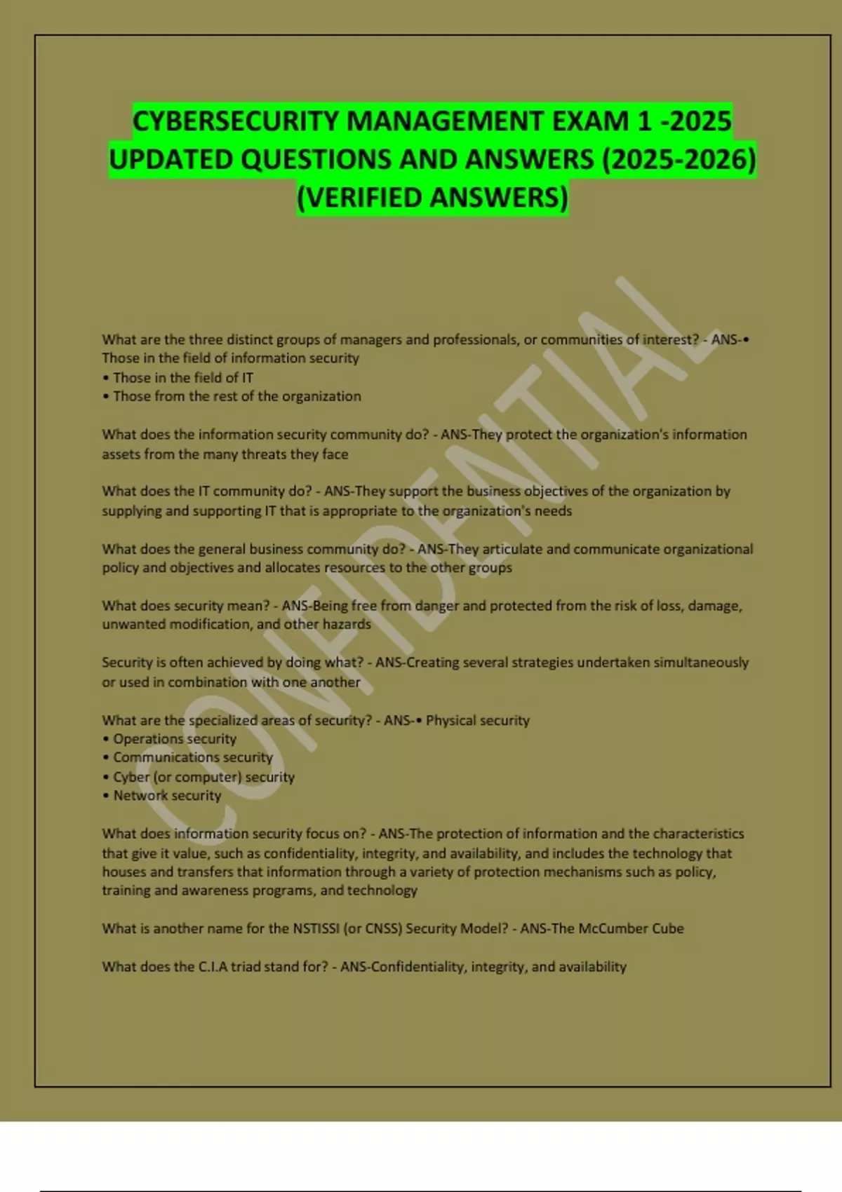 CYBERSECURITY MANAGEMENT EXAM 1 -2025 UPDATED QUESTIONS AND ANSWERS ...