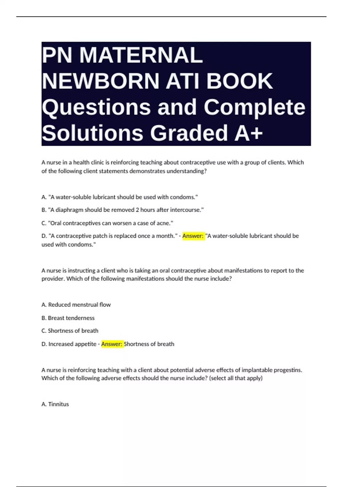 PN MATERNAL NEWBORN ATI BOOK Questions and Complete Solutions Graded A+ ...