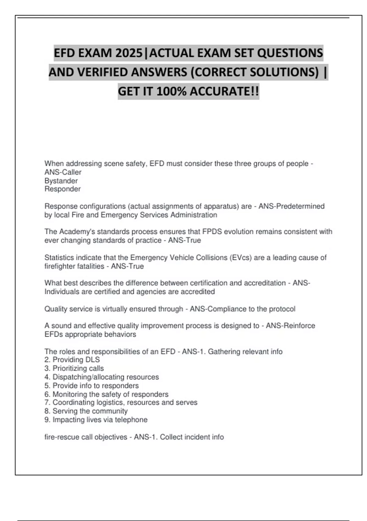 EFD EXAM 2025;ACTUAL EXAM SET QUESTIONS AND VERIFIED ANSWERS (CORRECT ...