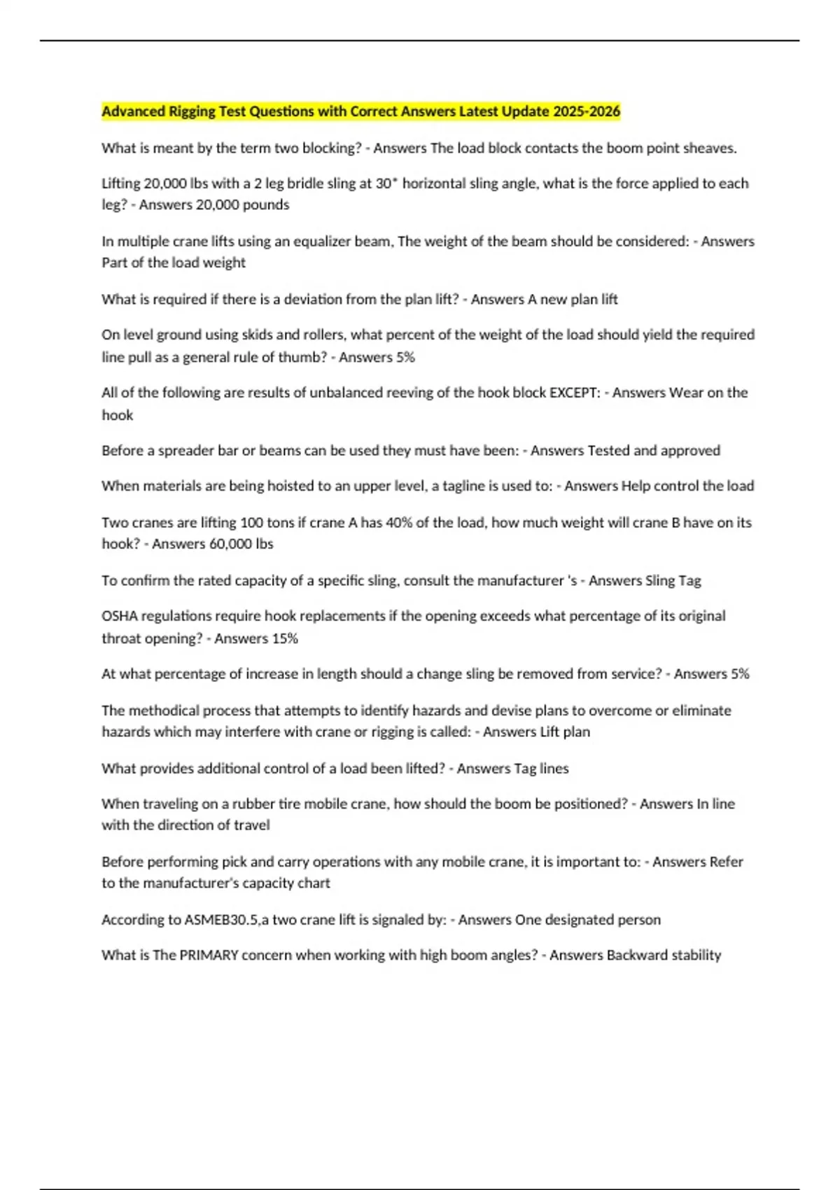 Advanced Rigging Test Questions with Correct Answers Latest Update ...