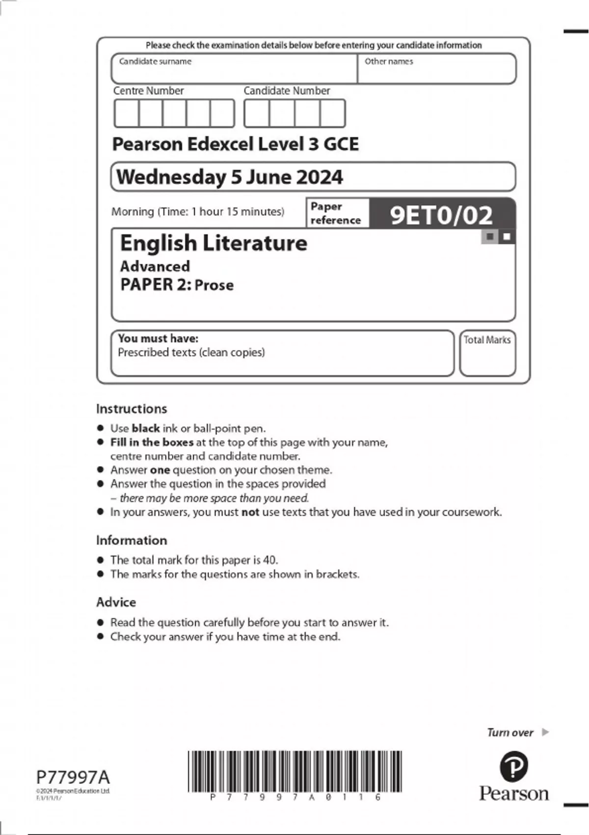 A-Level EDEXCEL 2024 English Literature Paper 2: Prose - English ...