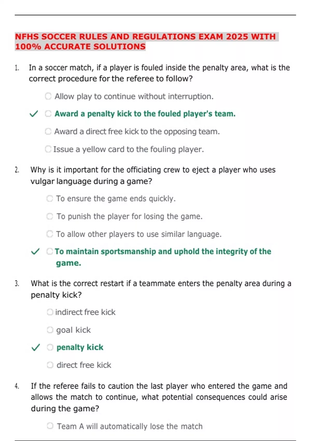 NFHS SOCCER RULES AND REGULATIONS EXAM 2025 WITH 100% ACCURATE SOLUTIONS - NFHS SOCCER RULES AND ...
