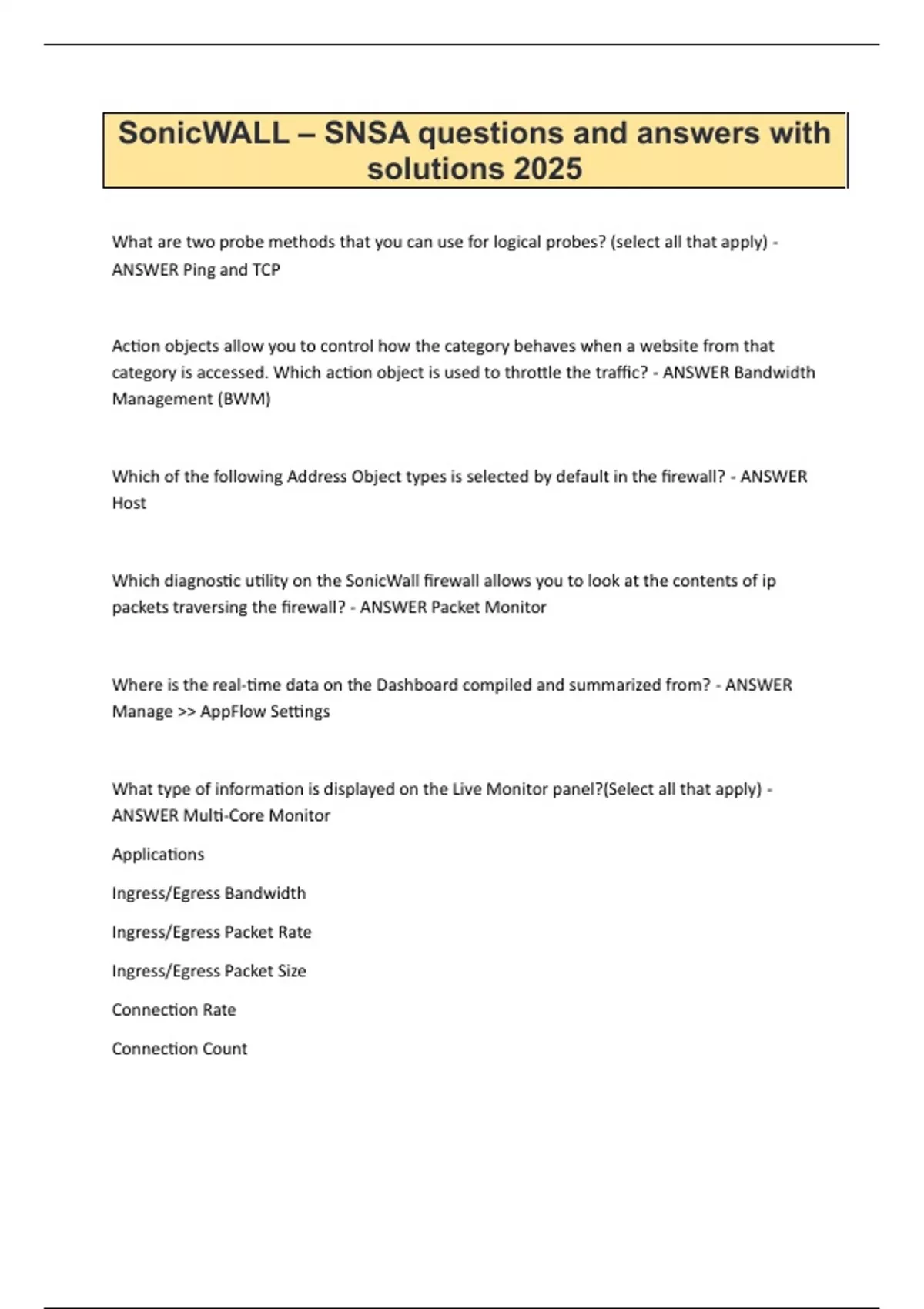 SonicWALL – SNSA questions and answers with solutions 2025 - SNSA sonicOS 7 - Stuvia US