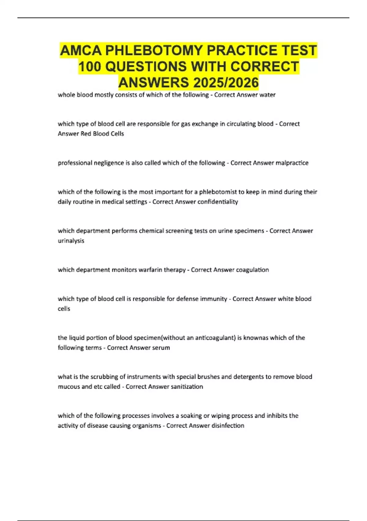 AMCA PHLEBOTOMY PRACTICE TEST 100 QUESTIONS WITH CORRECT ANSWERS 2025/ ...