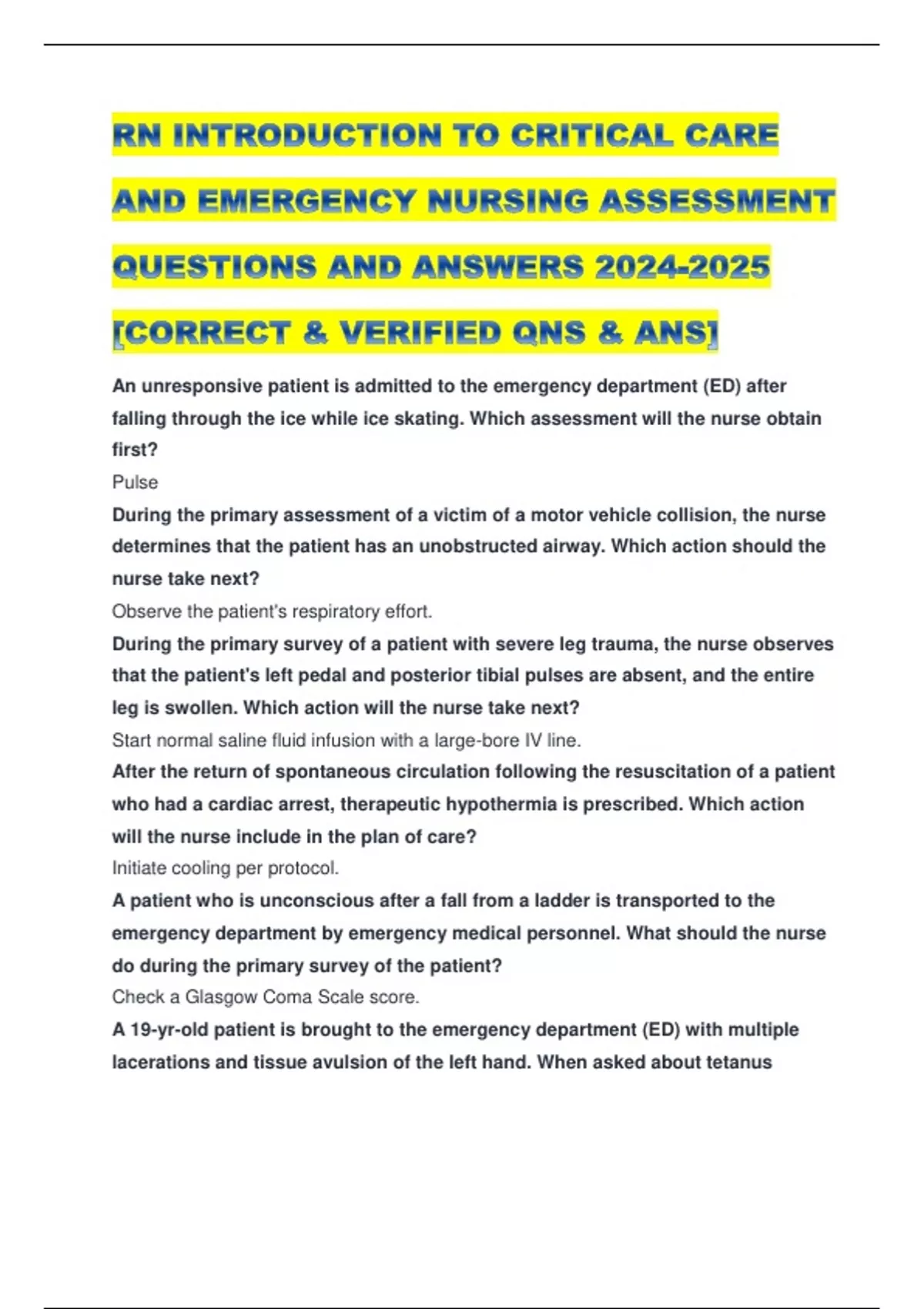 RN INTRODUCTION TO CRITICAL CARE AND EMERGENCY NURSING ASSESSMENT ...
