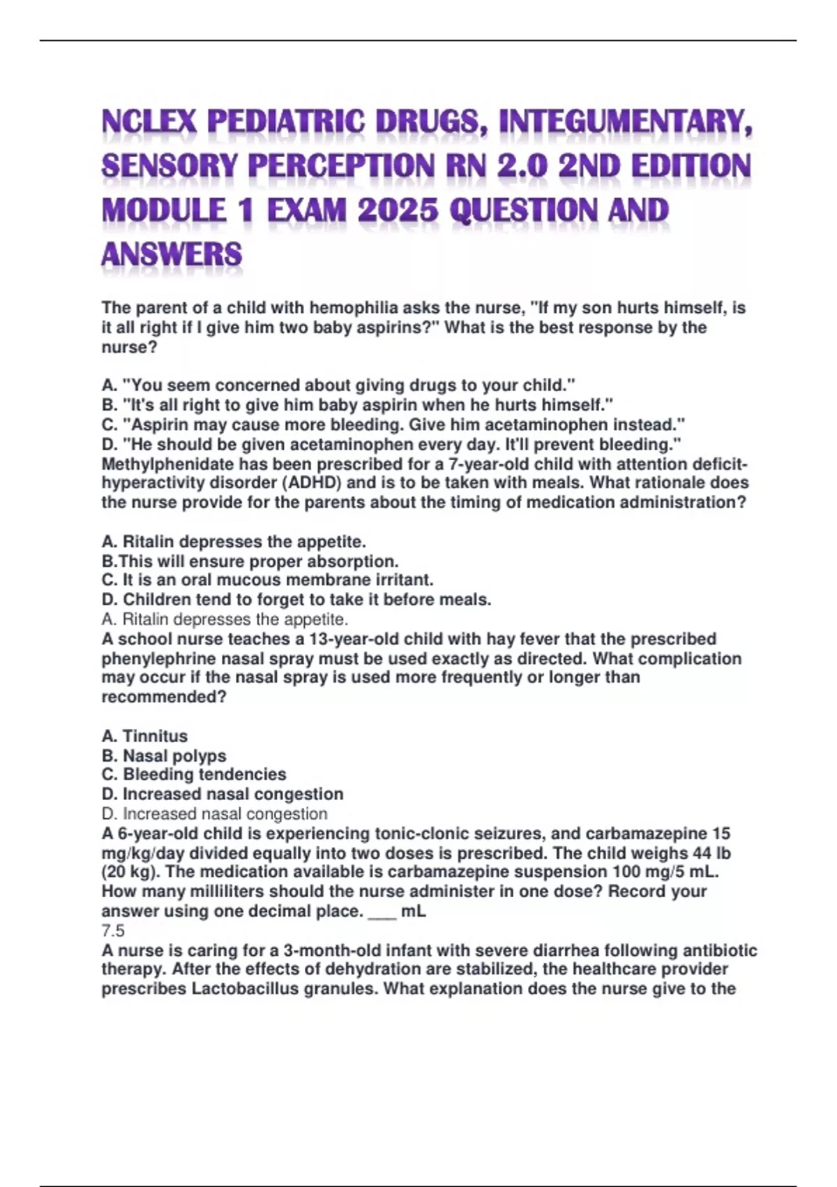 NCLEX PEDIATRIC DRUGS, INTEGUMENTARY, SENSORY PERCEPTION RN 2.0 2ND ...