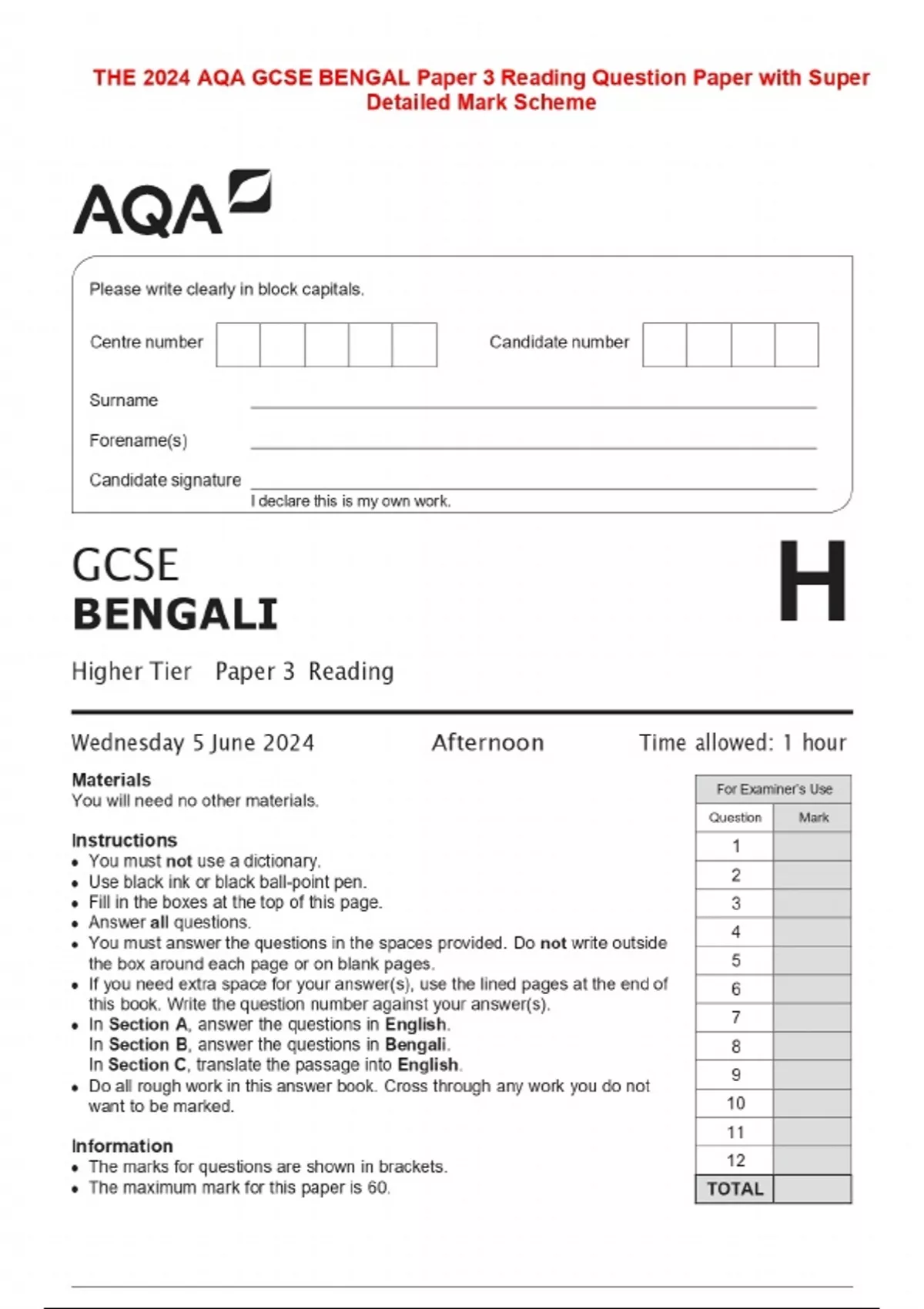 THE 2024 AQA GCSE BENGAL Paper 3 Reading Question Paper with Super ...