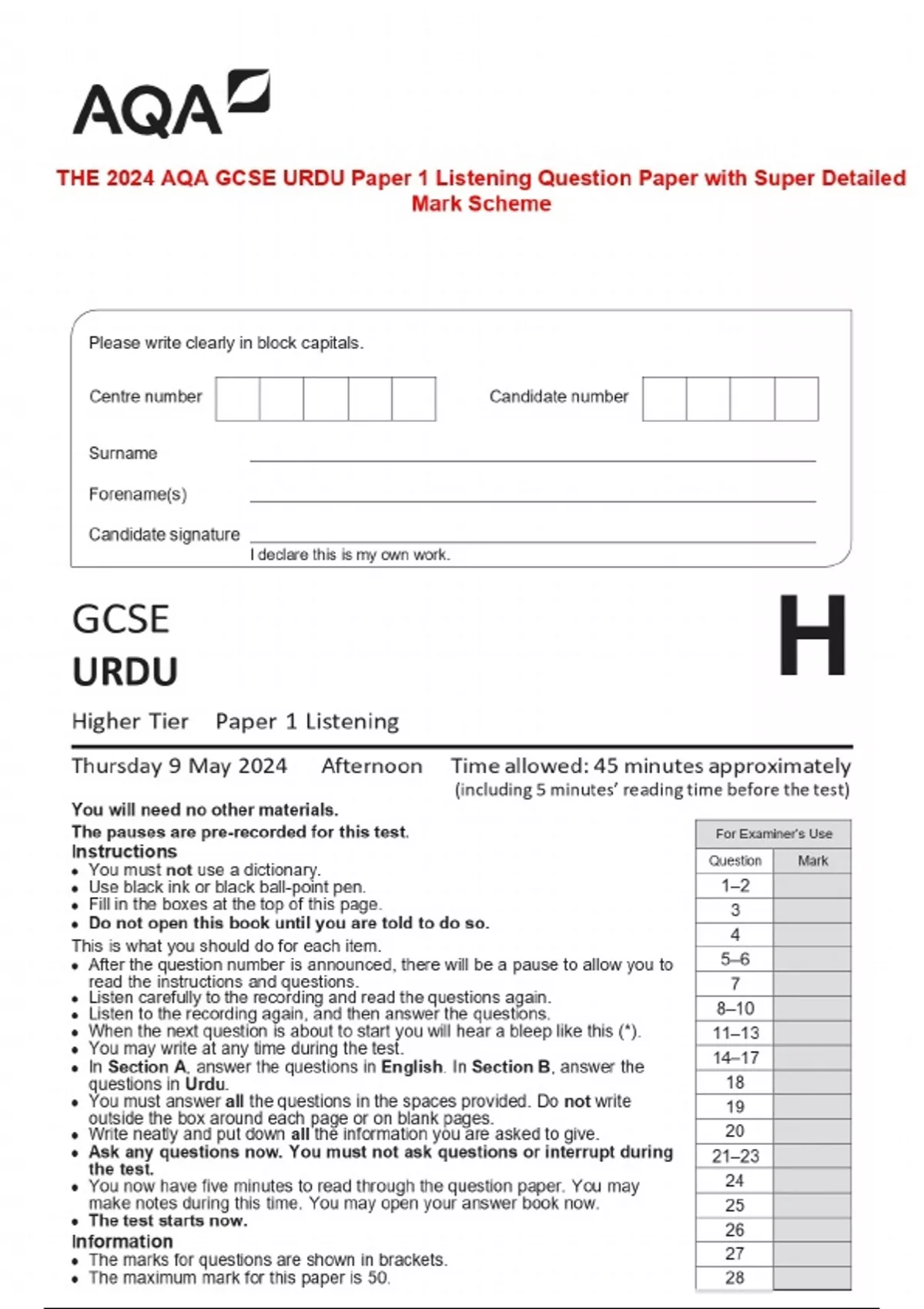 THE 2024 AQA GCSE URDU Paper 1 Listening Question Paper with Super ...