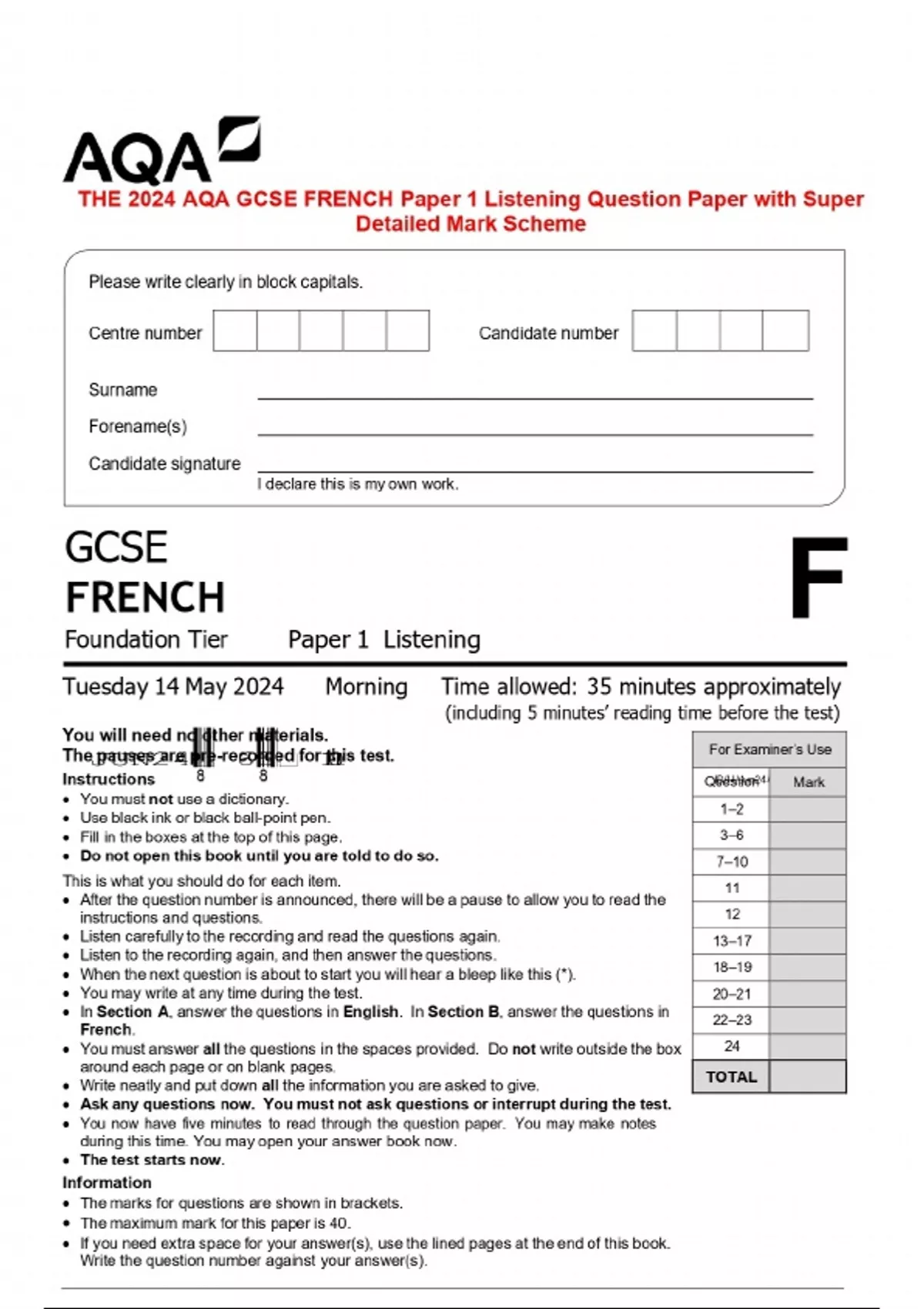 THE 2024 AQA GCSE FRENCH Paper 1 Listening Question Paper with Super ...