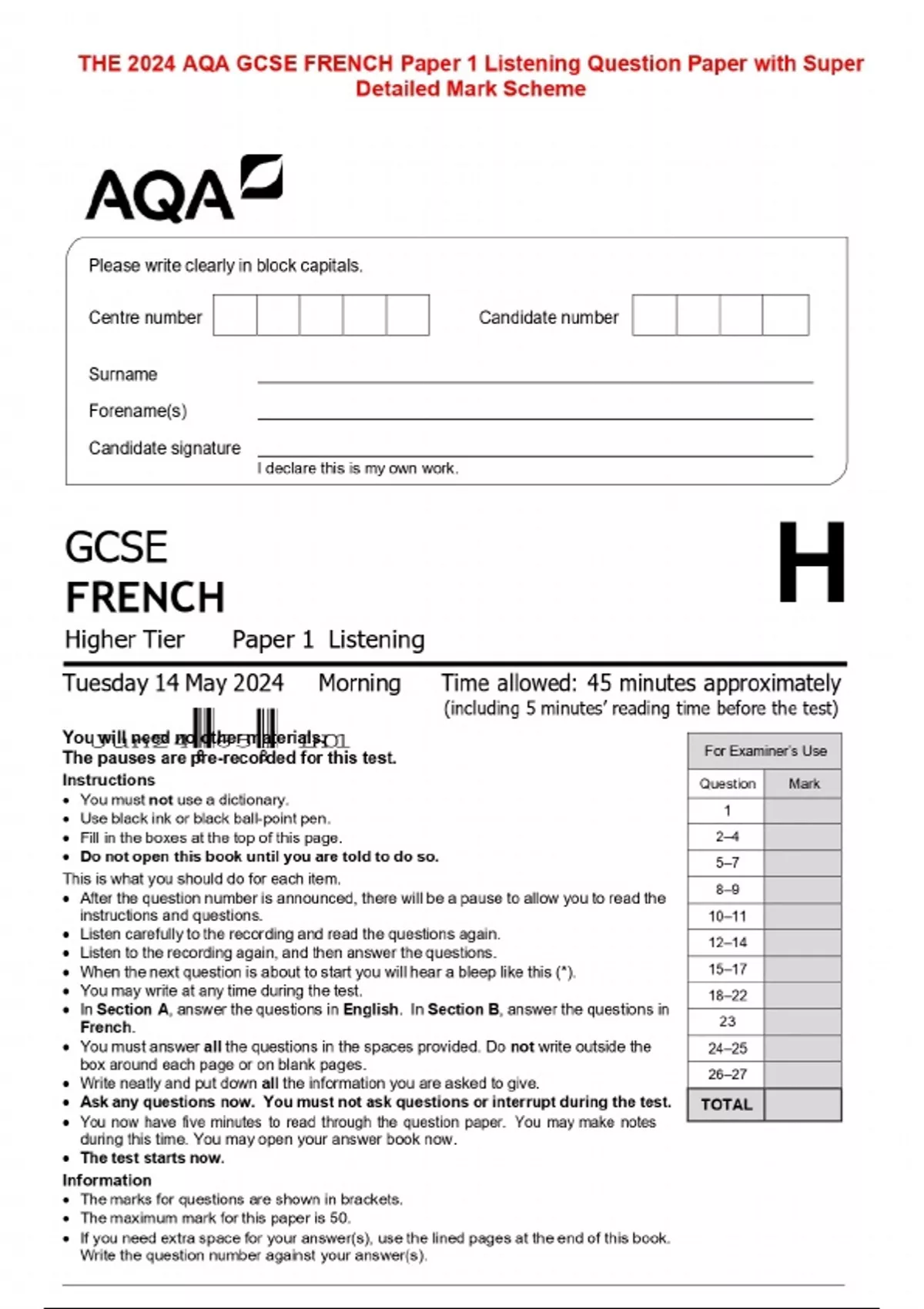 THE 2024 AQA GCSE FRENCH Paper 1 Listening Question Paper with Super ...
