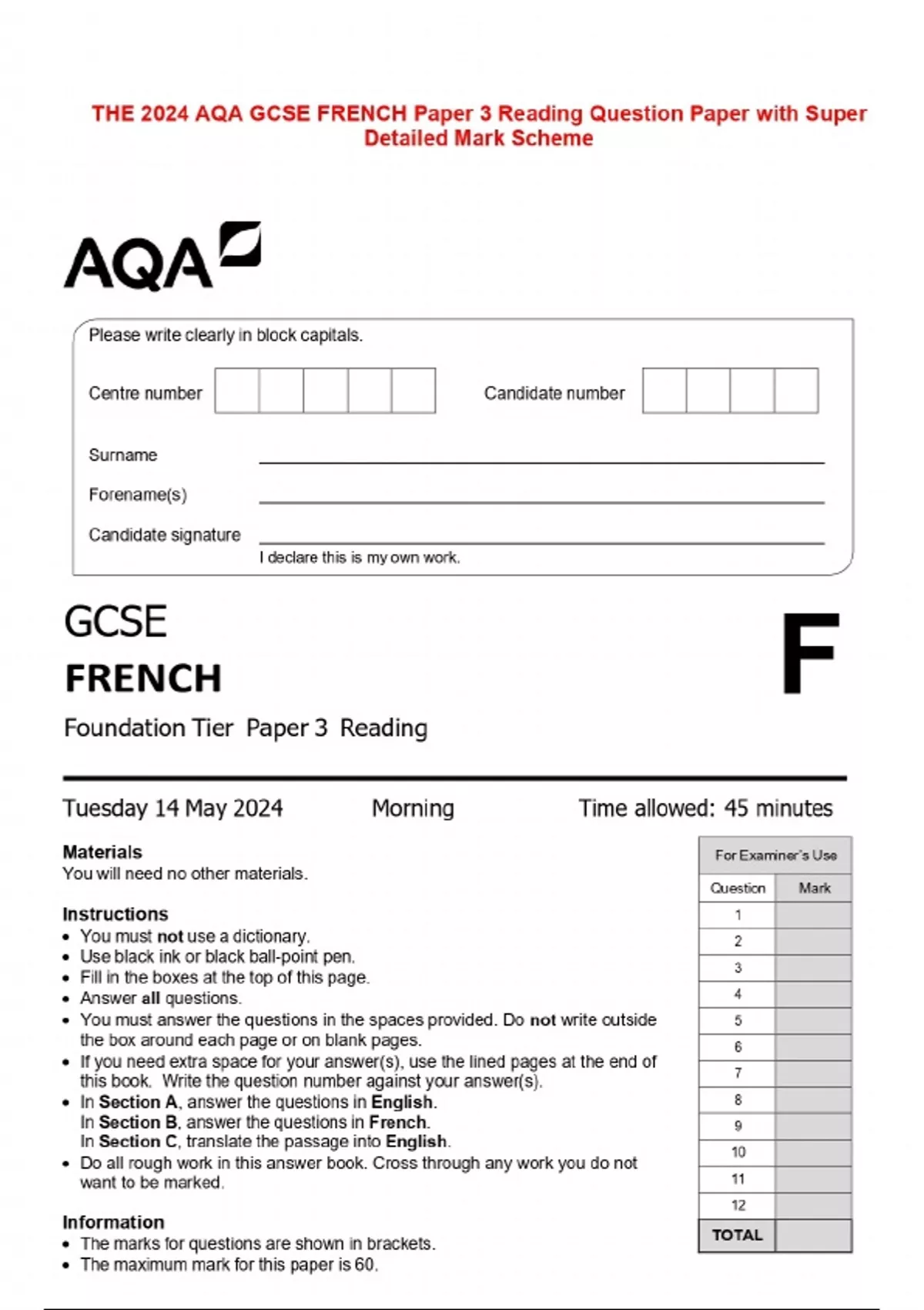 THE 2024 AQA GCSE FRENCH Paper 3 Reading Question Paper with Super ...