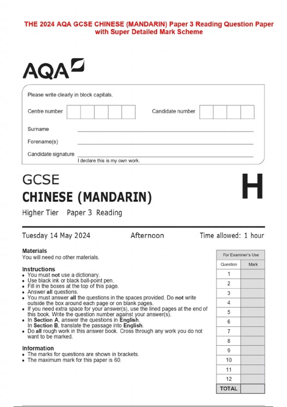 THE 2024 AQA GCSE CHINESE (MANDARIN) Paper 3 Reading Question Paper ...
