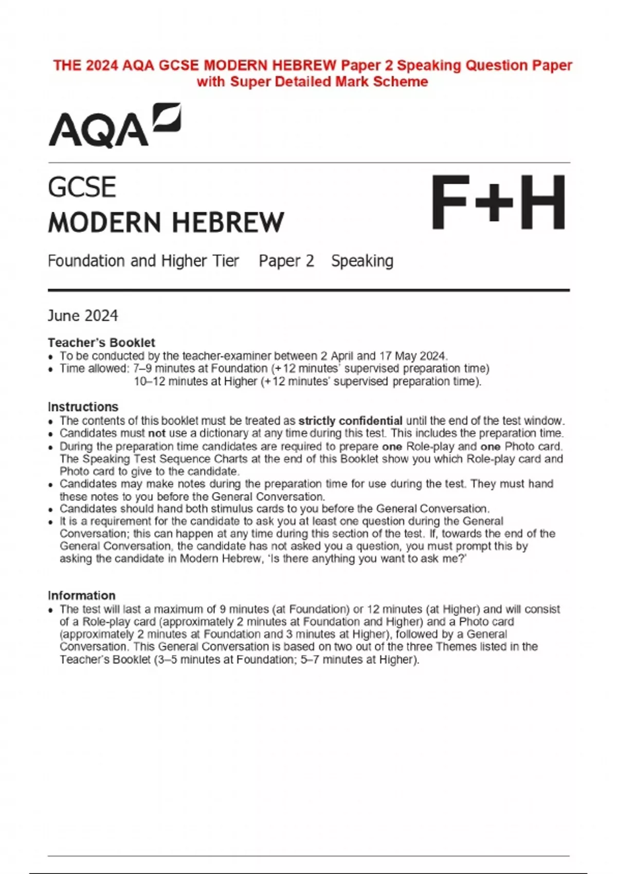 THE 2024 AQA GCSE MODERN HEBREW Paper 2 Speaking Question Paper with ...