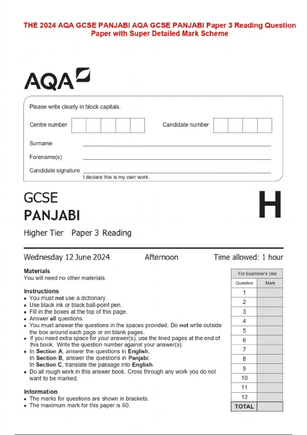 THE 2024 AQA GCSE PANJABI AQA GCSE PANJABI Paper 3 Reading Question ...
