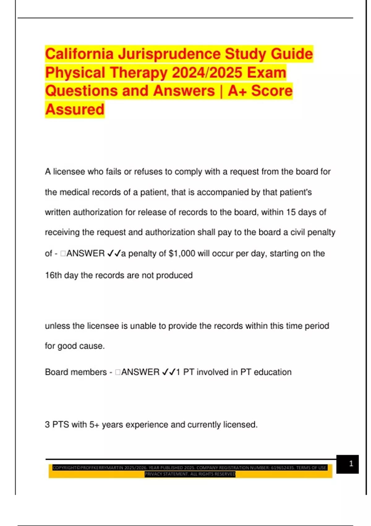 California Jurisprudence Study Guide Physical Therapy 2024/2025 Exam Questions and Answers | A+ ...