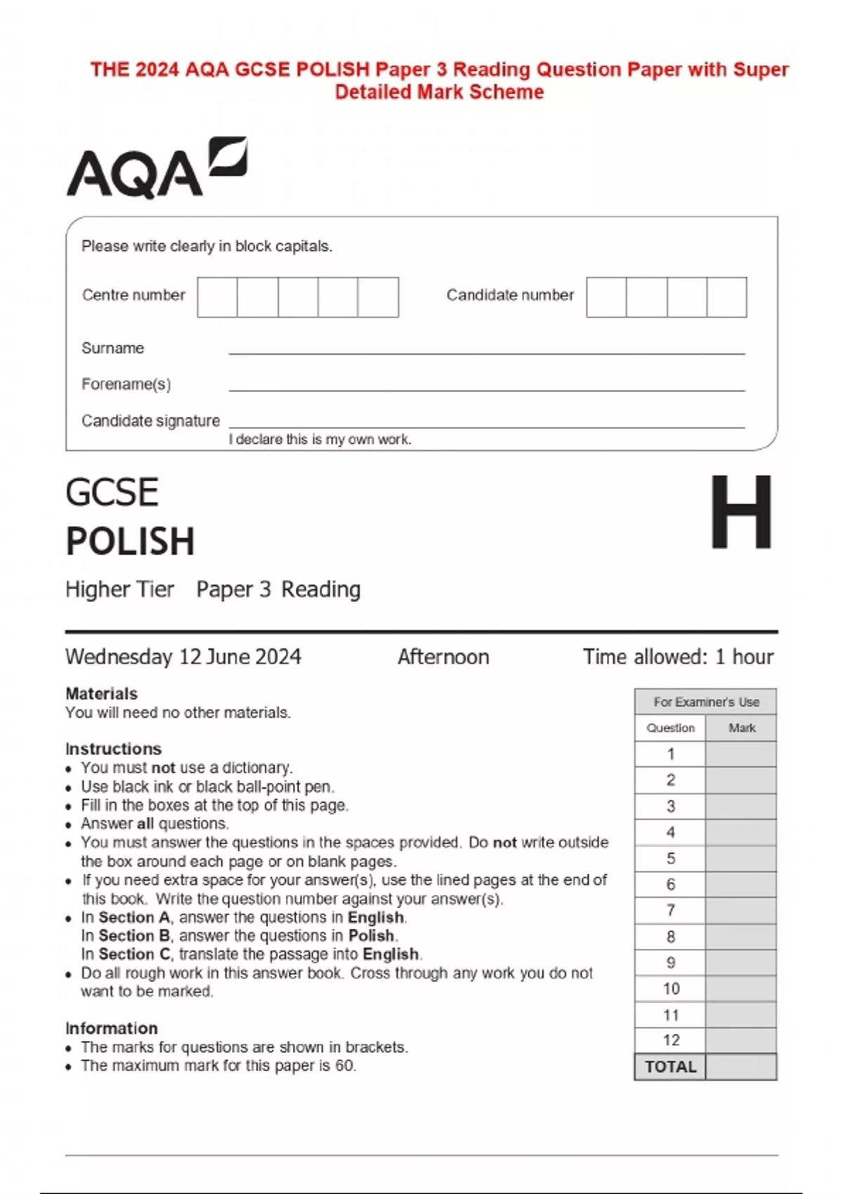THE 2024 AQA GCSE POLISH Paper 3 Reading Question Paper with Super ...