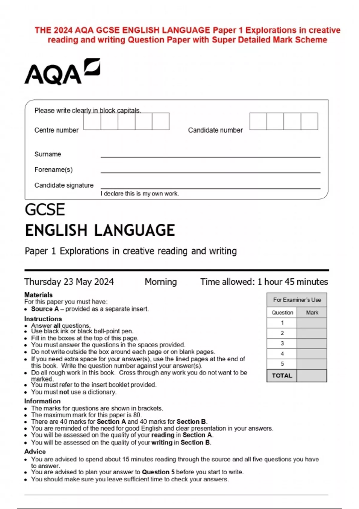THE 2024 AQA GCSE ENGLISH LANGUAGE Paper 1 Explorations in creative ...
