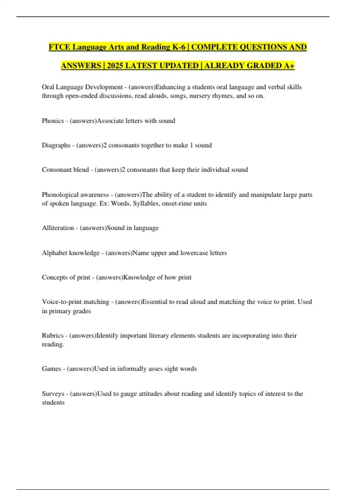 FTCE Language Arts and Reading K-6 | COMPLETE QUESTIONS AND ANSWERS ...