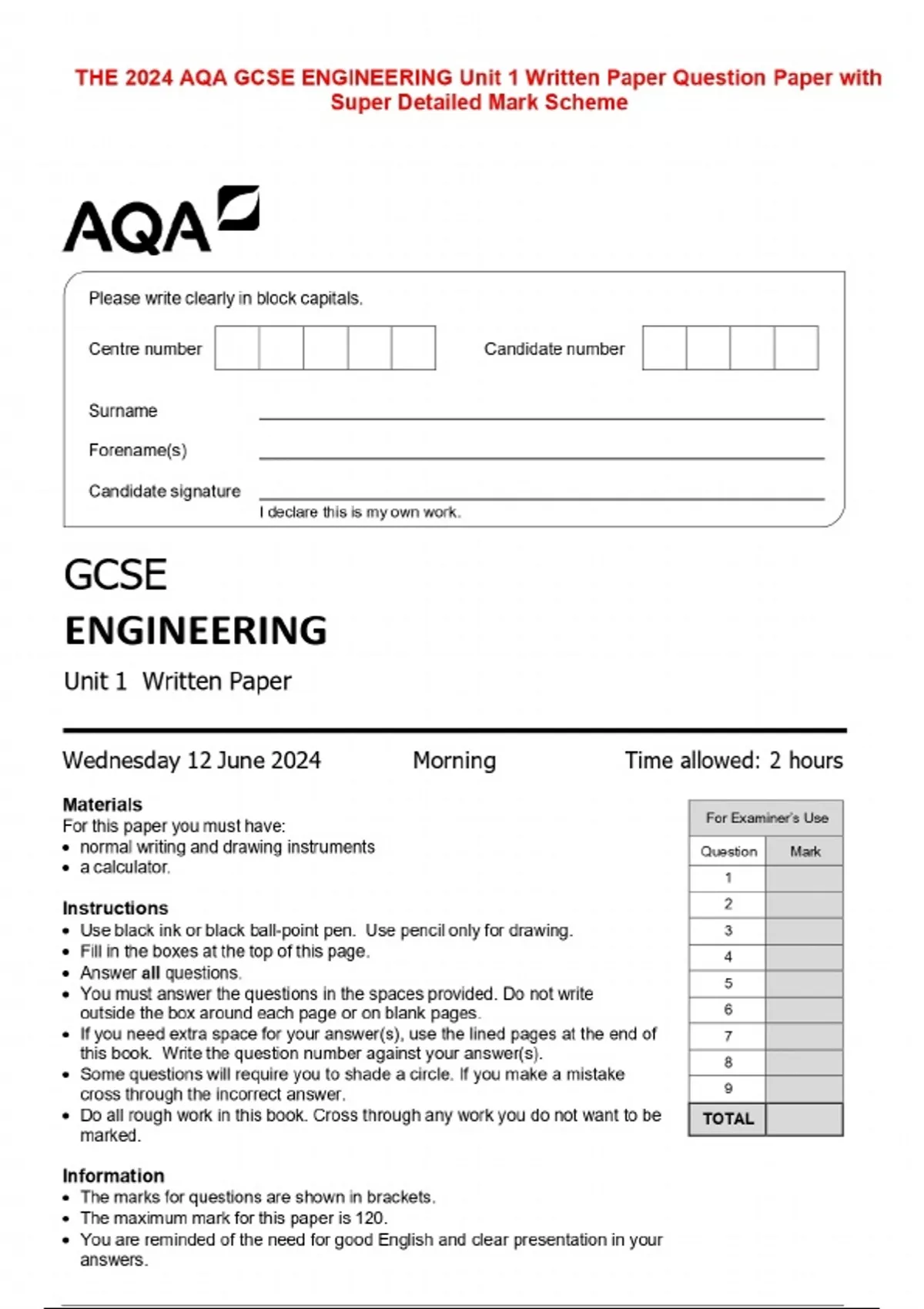 THE 2024 AQA GCSE ENGINEERING Unit 1 Written Paper Question Paper with ...
