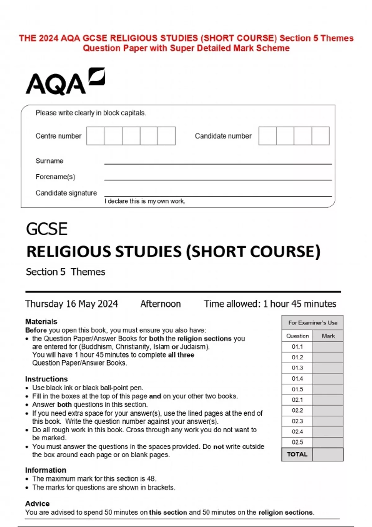 THE 2024 AQA GCSE RELIGIOUS STUDIES (SHORT COURSE) Section 5 Themes ...