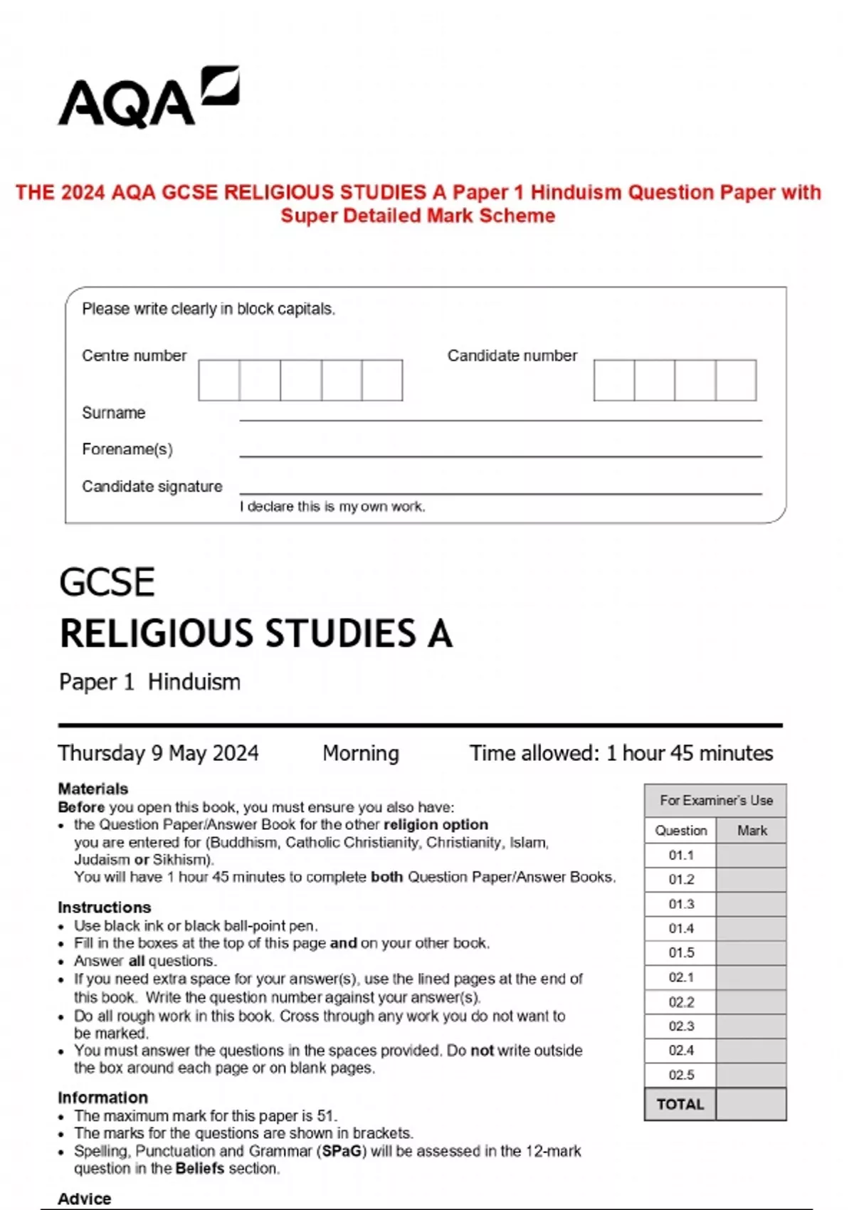 THE 2024 AQA GCSE RELIGIOUS STUDIES A Paper 1 Hinduism Question Paper ...