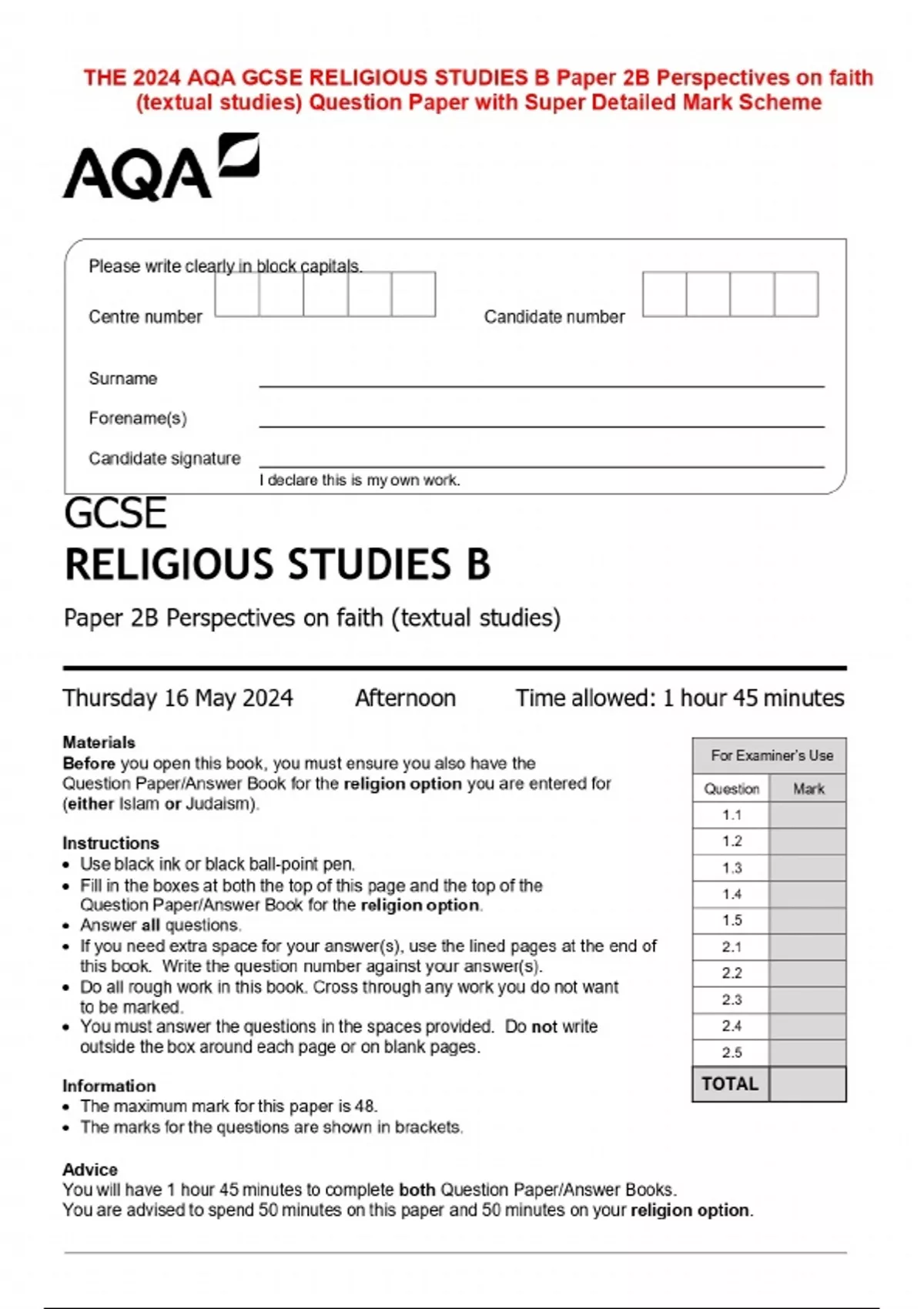 THE 2024 AQA GCSE RELIGIOUS STUDIES B Paper 2B Perspectives on faith (textual studies) Question ...