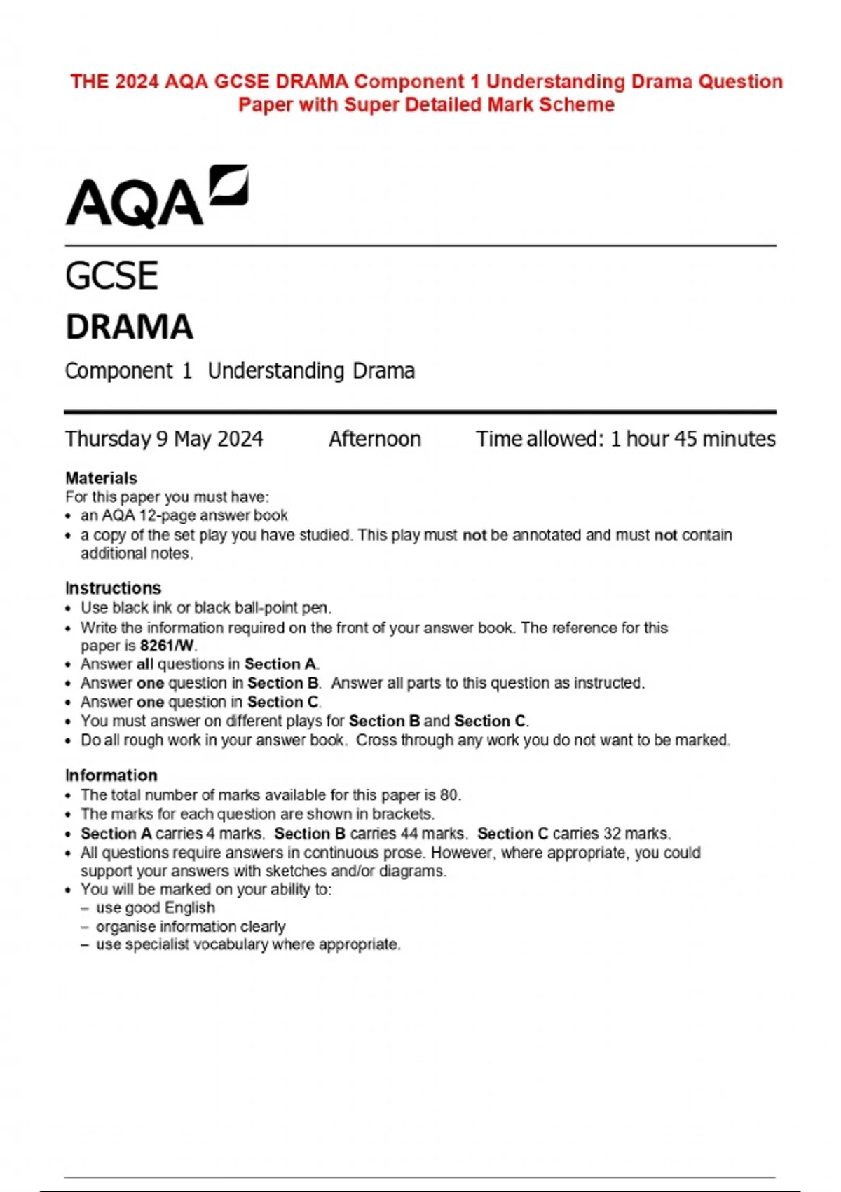 THE 2024 AQA GCSE DRAMA Component 1 Understanding Drama Question Paper ...