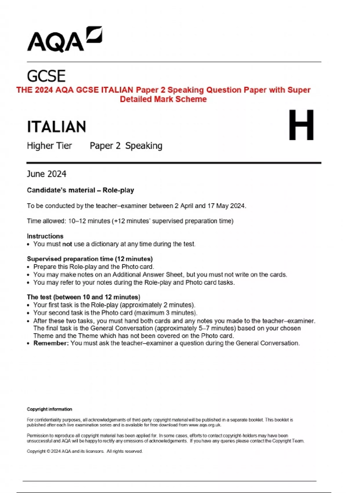 THE 2024 AQA GCSE ITALIAN Paper 2 Speaking Question Paper with Super ...