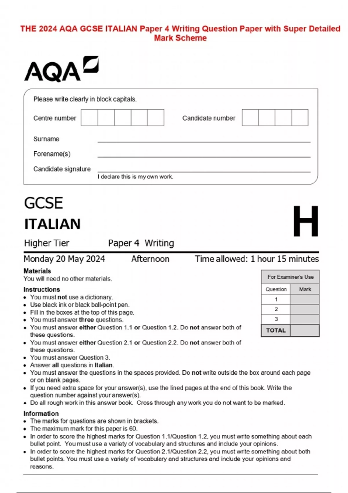 THE 2024 AQA GCSE ITALIAN Paper 4 Writing Question Paper with Super ...