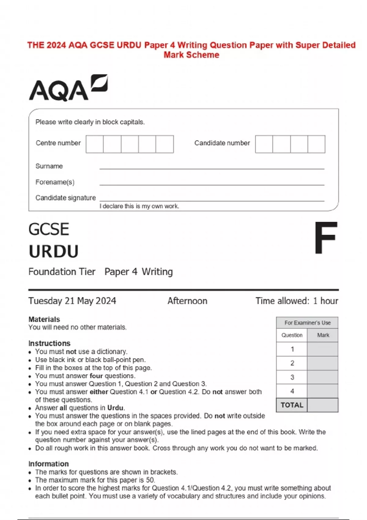 THE 2024 AQA GCSE URDU Paper 4 Writing Question Paper with Super ...