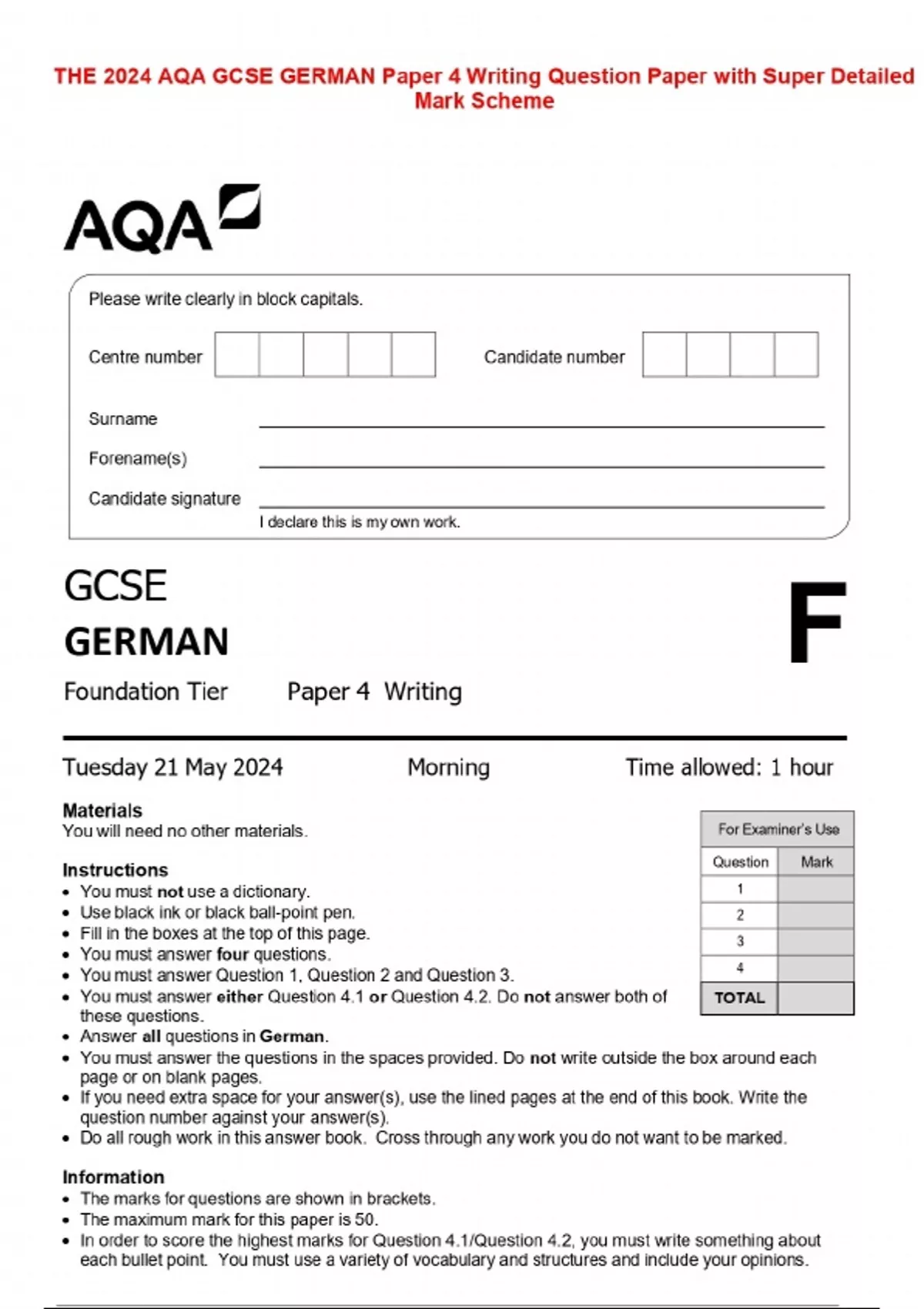 THE 2024 AQA GCSE GERMAN Paper 4 Writing Question Paper with Super ...