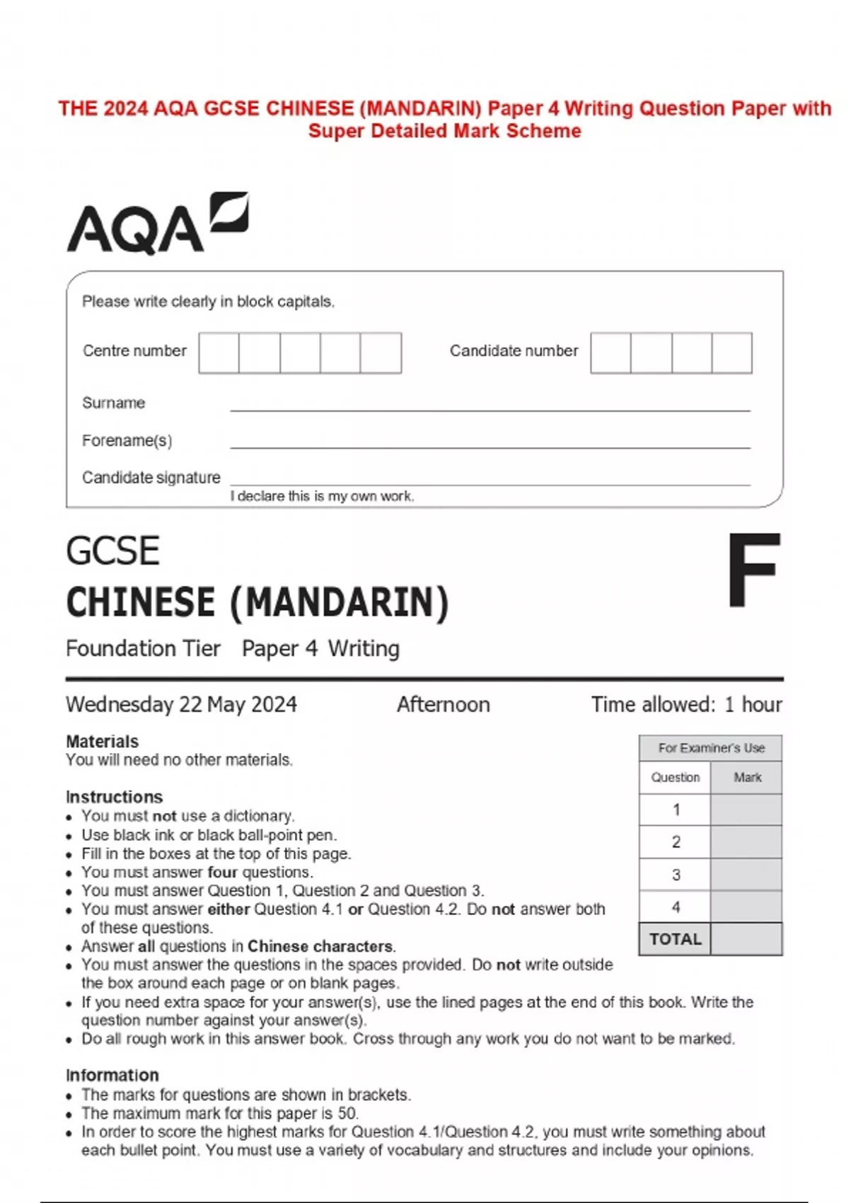 THE 2024 AQA GCSE CHINESE (MANDARIN) Paper 4 Writing Question Paper ...