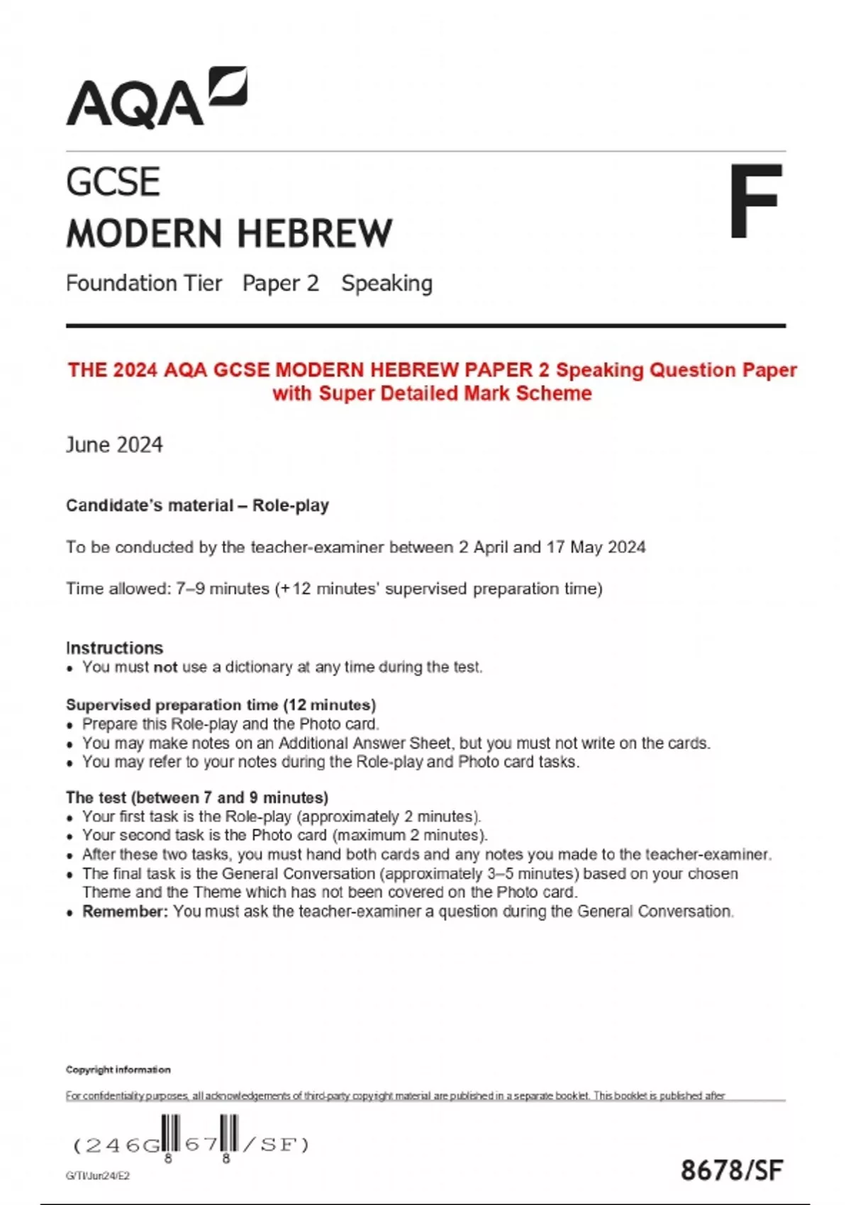THE 2024 AQA GCSE MODERN HEBREW PAPER 2 Speaking Question Paper with ...