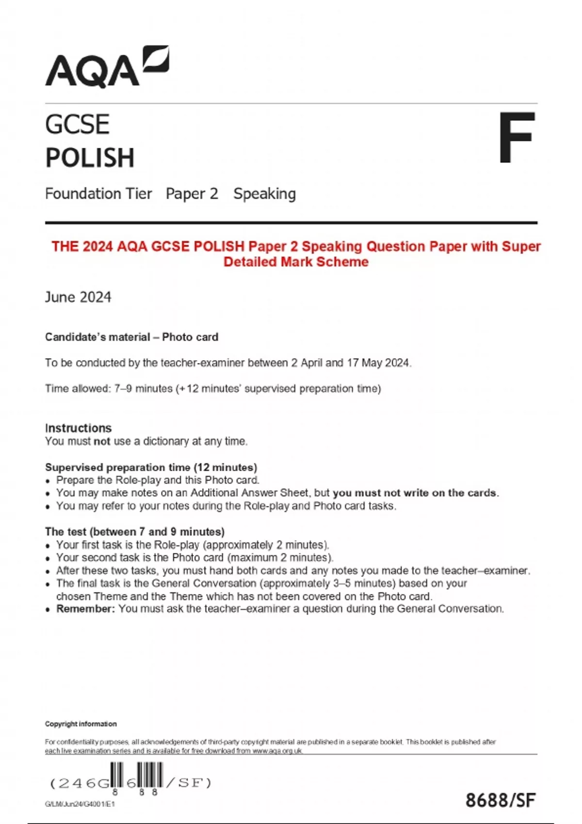 THE 2024 AQA GCSE POLISH Paper 2 Speaking Question Paper with Super ...