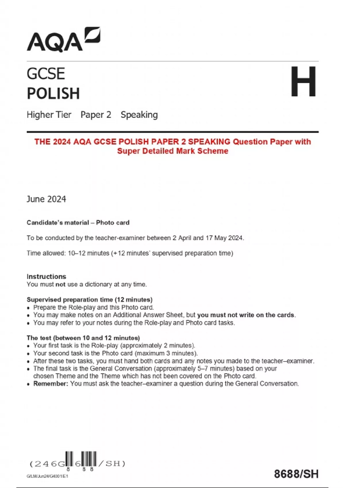 THE 2024 AQA GCSE POLISH PAPER 2 SPEAKING Question Paper with Super ...