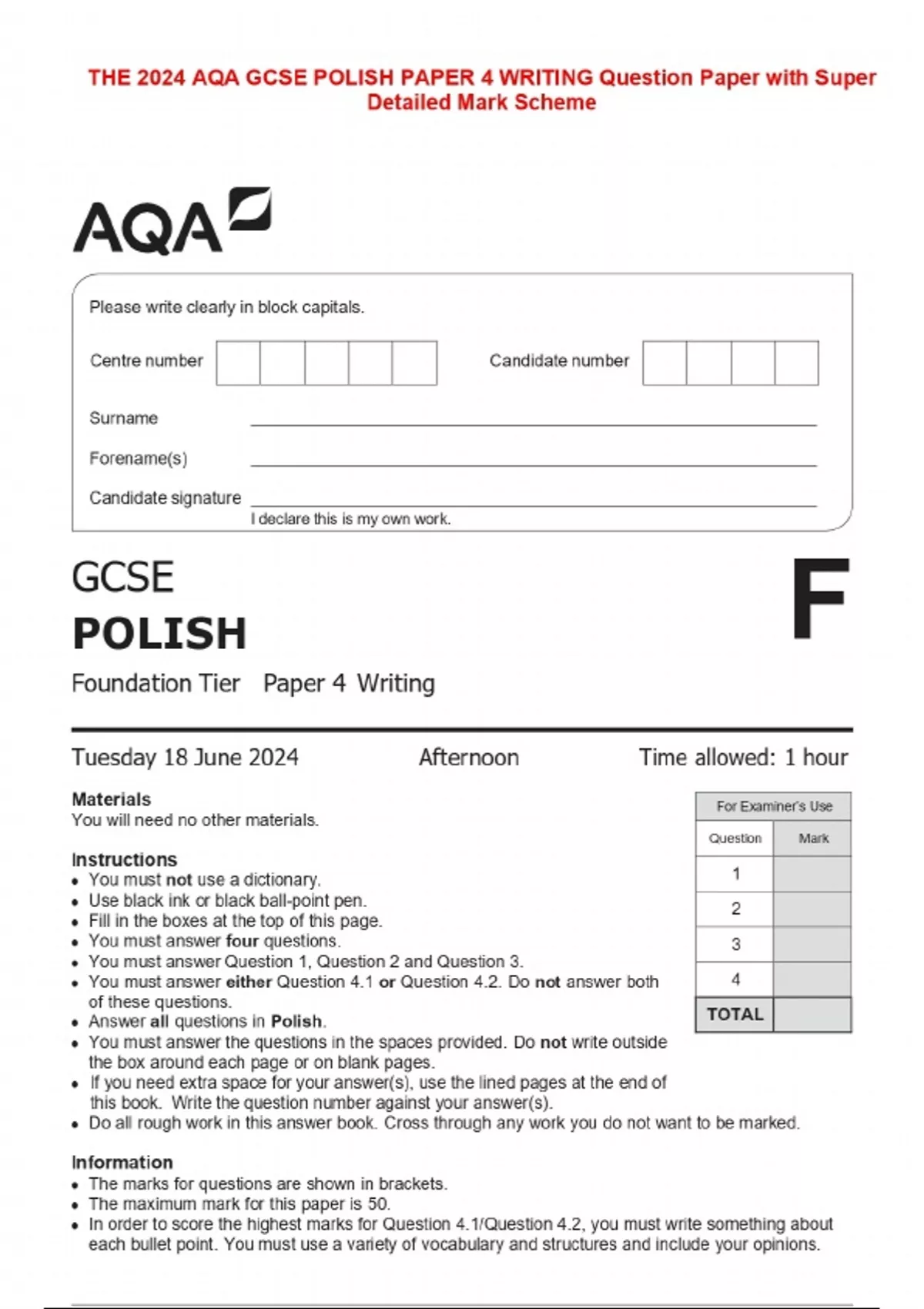THE 2024 AQA GCSE POLISH PAPER 4 WRITING Question Paper with Super ...