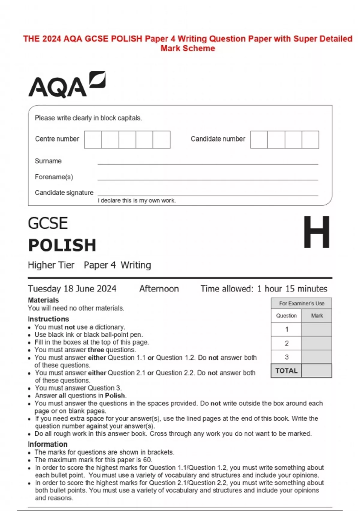 THE 2024 AQA GCSE POLISH Paper 4 Writing Question Paper with Super ...