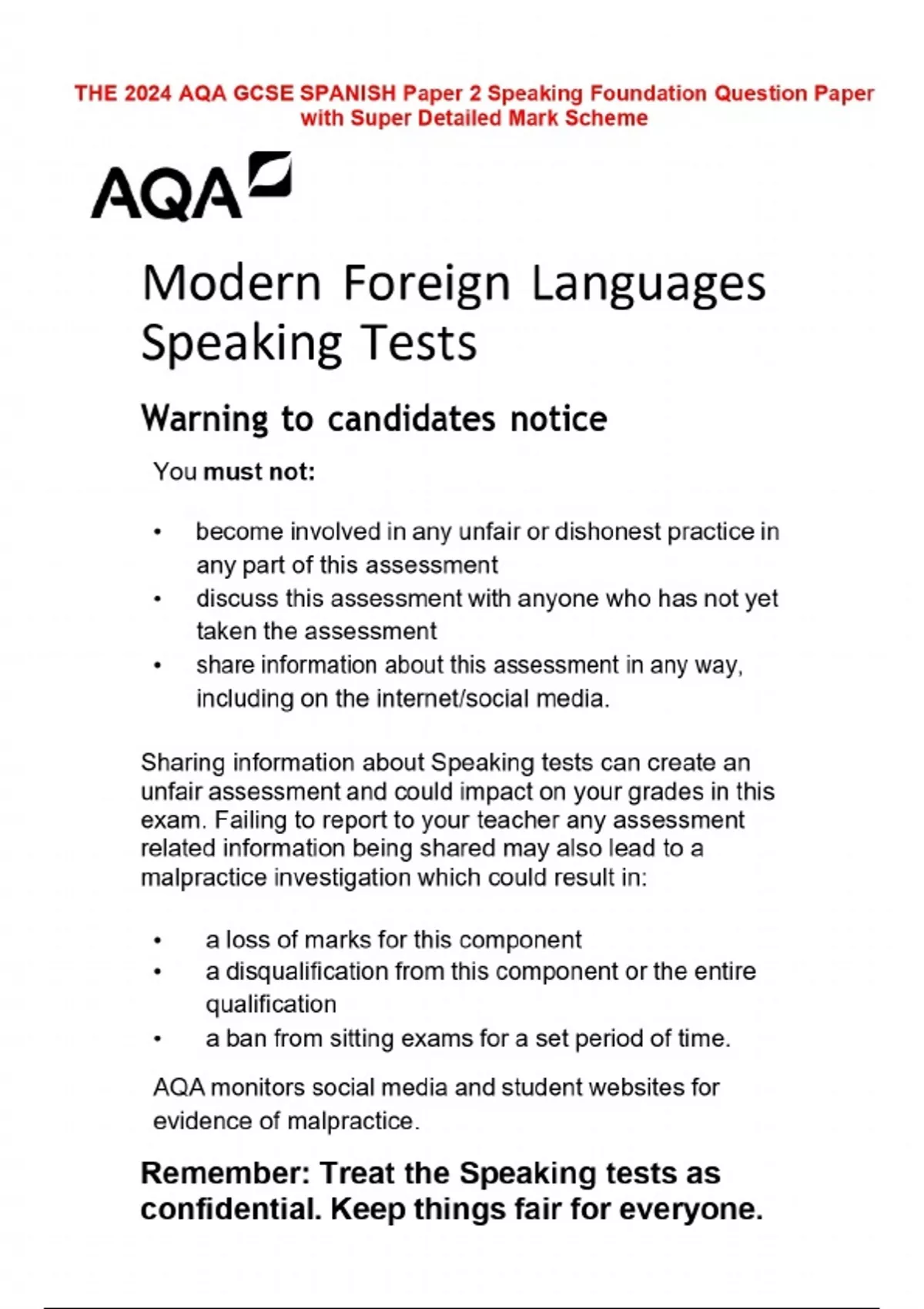 THE 2024 AQA GCSE SPANISH Paper 2 Speaking Foundation Question Paper ...