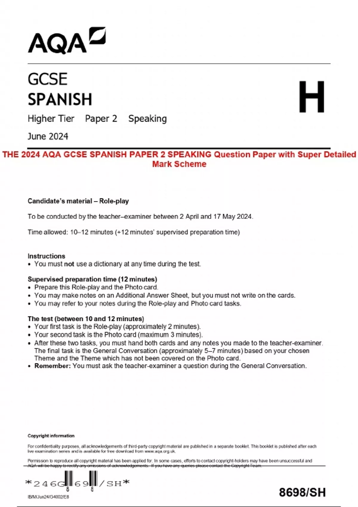 THE 2024 AQA GCSE SPANISH PAPER 2 SPEAKING Question Paper with Super ...