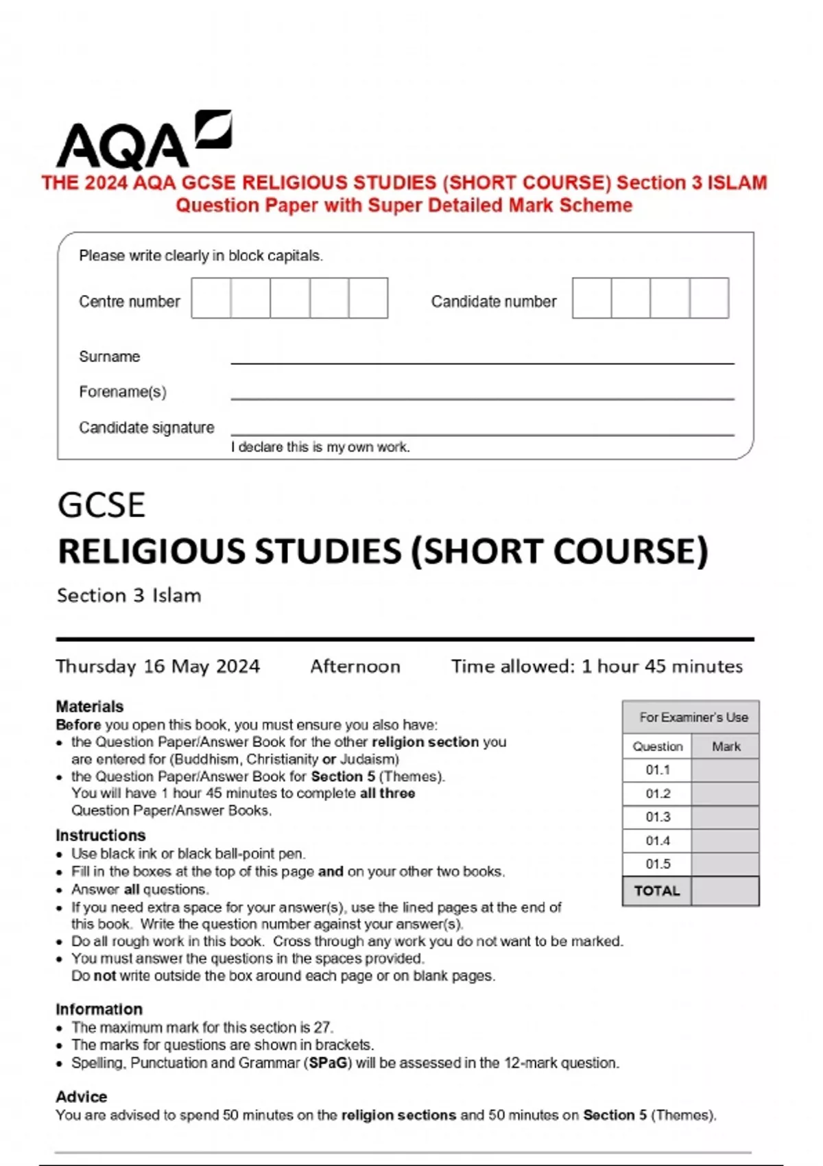 THE 2024 AQA GCSE RELIGIOUS STUDIES (SHORT COURSE) Section 3 ISLAM ...