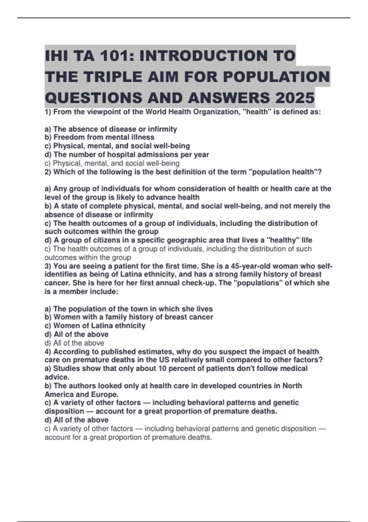 IHI TA 101: INTRODUCTION TO THE TRIPLE AIM FOR POPULATION QUESTIONS AND ...