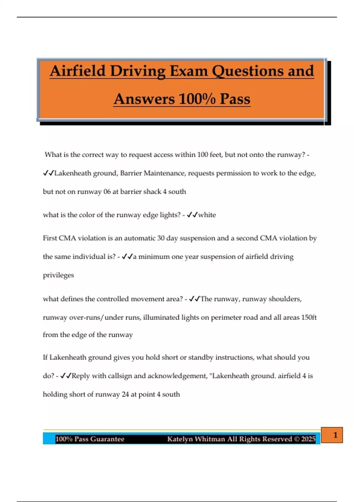 Airfield Driving Exam Questions and Answers 100% Pass - Airfield ...
