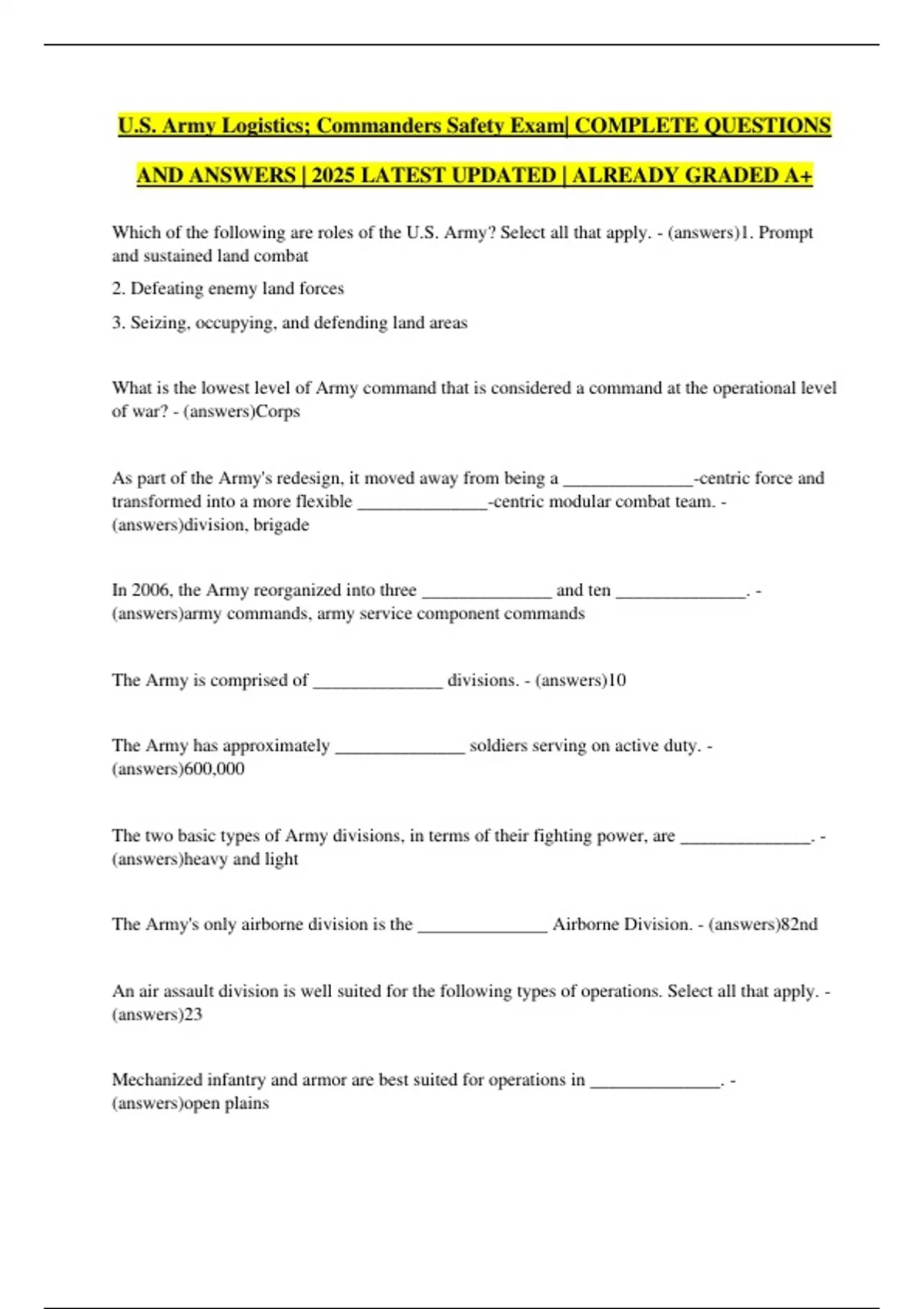 U.S. Army Logistics; Commanders Safety Exam| COMPLETE QUESTIONS AND ...
